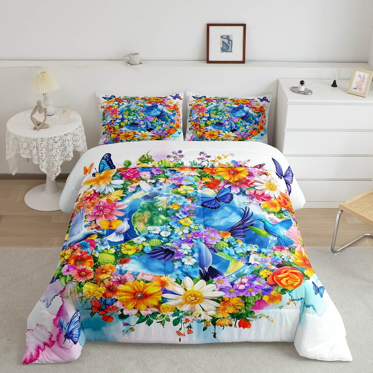 Colorful Daisy Floral Comforter Set King Size,Pigeon Birds Bedding Set ...