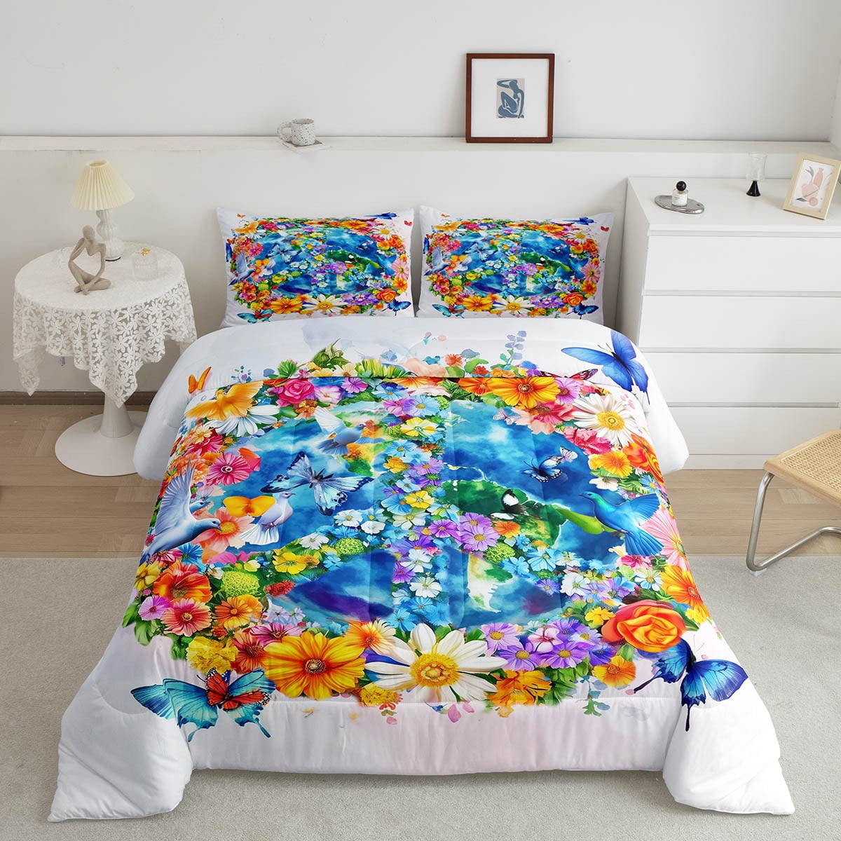 Colorful Daisy Floral Comforter Set Twin Size,Abstract Peace Sign Art ...