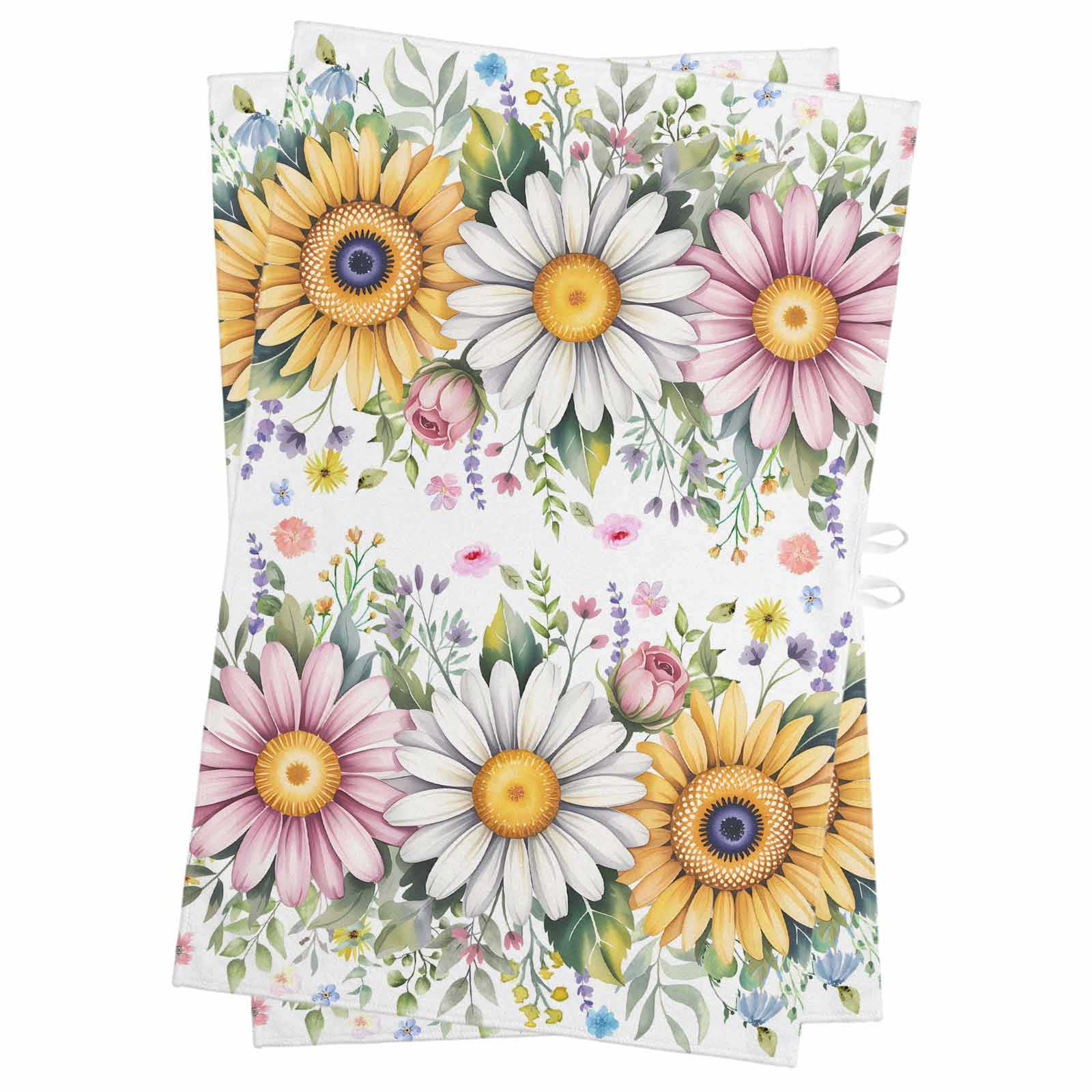 Colorful Daisy Floral Kitchen Towels Set of 2, Water Absorbent Dish ...