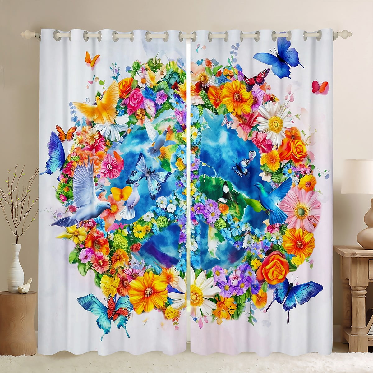 Colorful Daisy Floral Window Curtain,Abstract Peace Sign Art Curtains ...