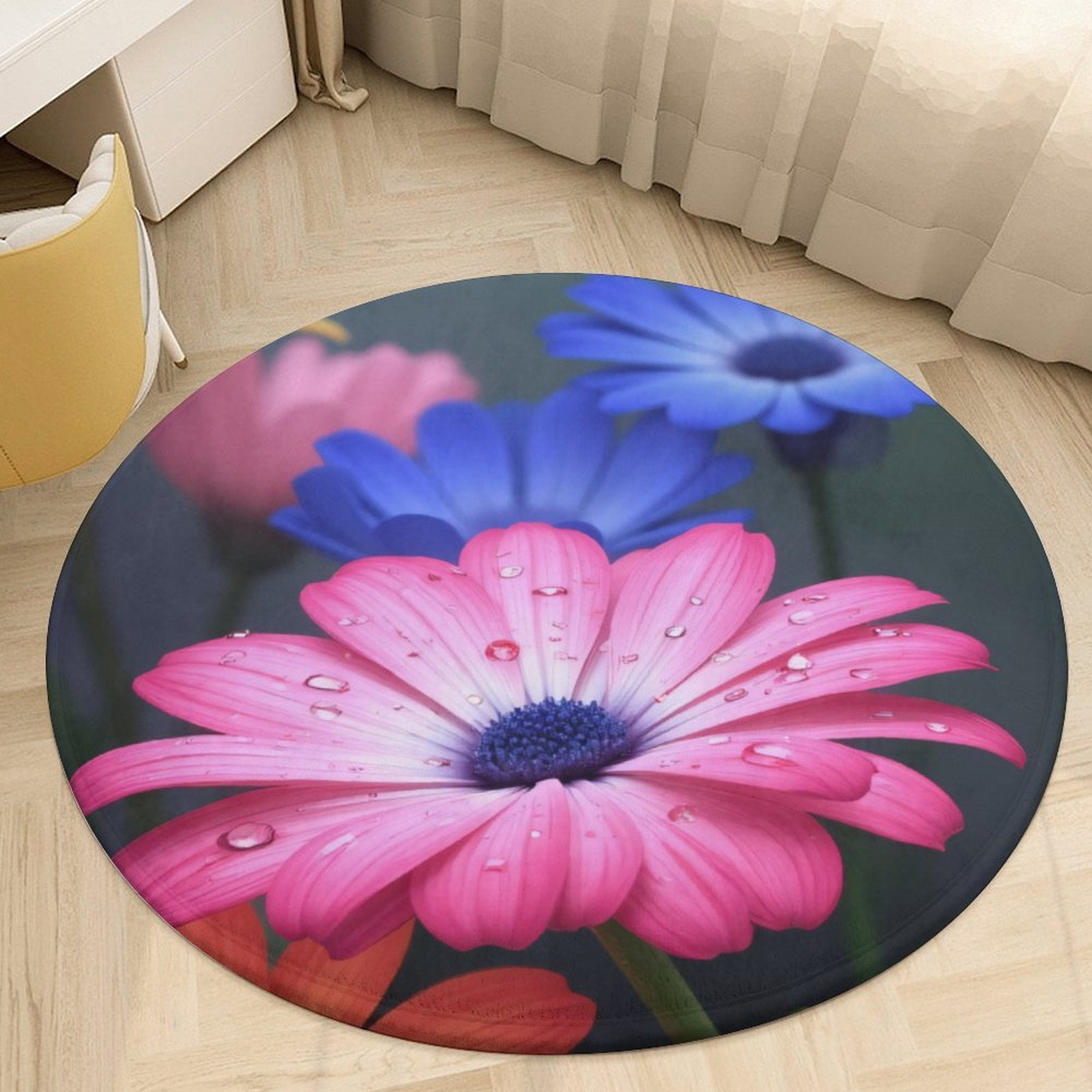 Colorful Daisy Flowers with Water Drops Round Area Rugs for Bedroom ...