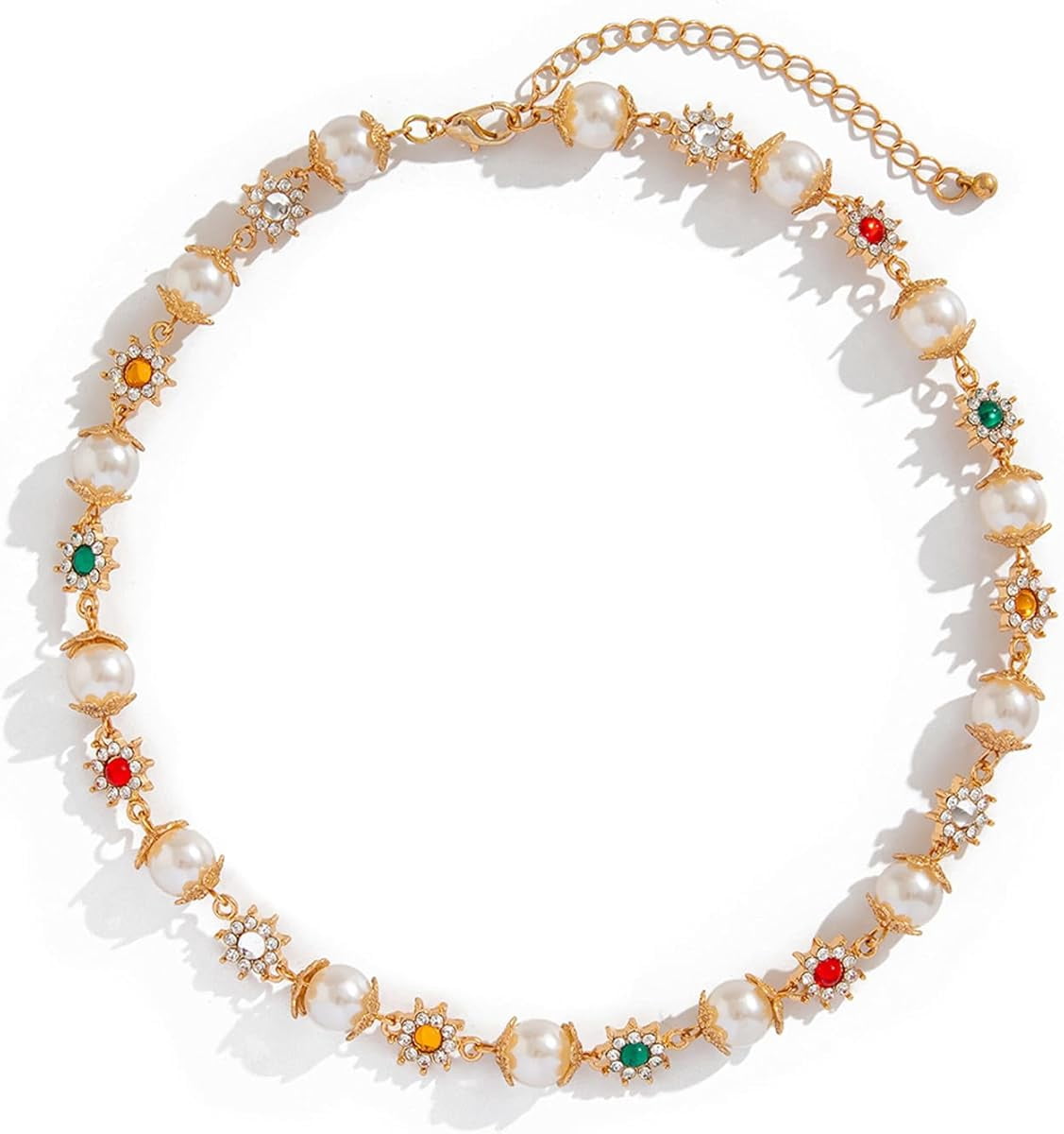 Colorful Daisy Pearl Choker Necklace - Rainbow Rhinestone Flower Faux ...
