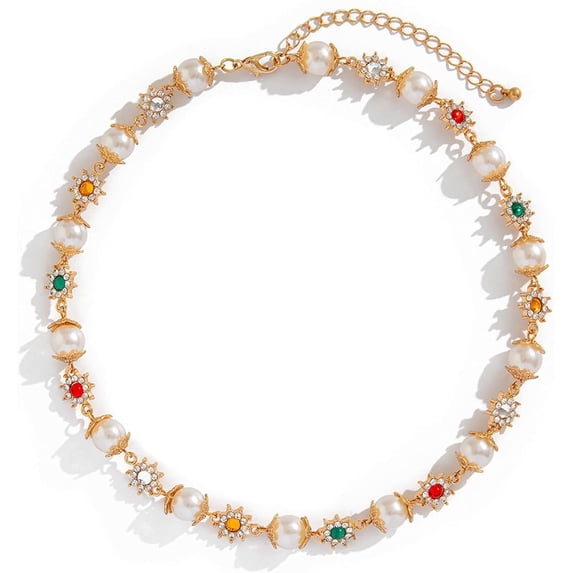 Colorful Daisy Pearl Choker Necklace - Rainbow Rhinestone Flower Faux ...