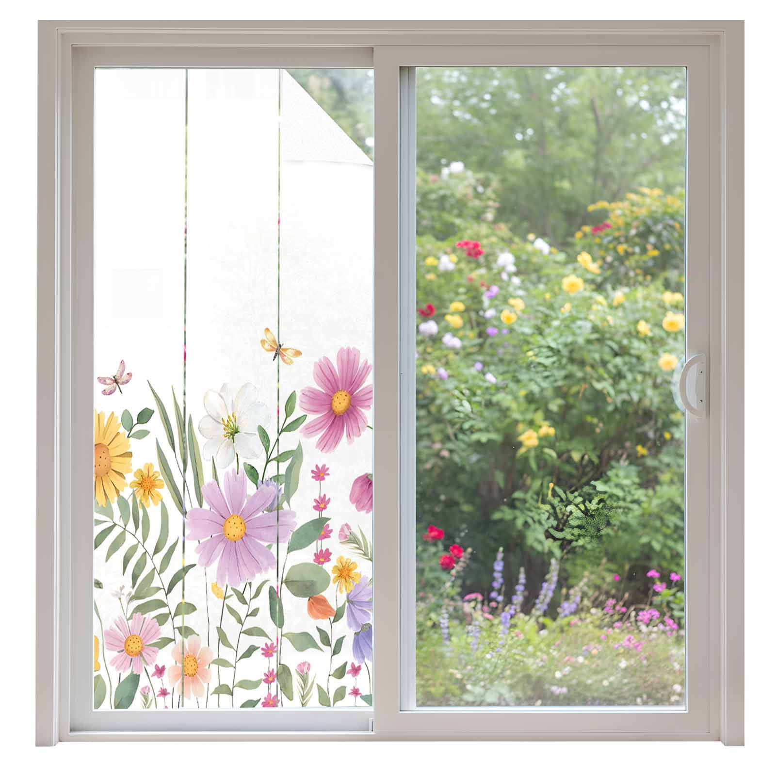 Colorful Daisy Window Privacy Film Dragonfly Butterfly Leaf Spring ...
