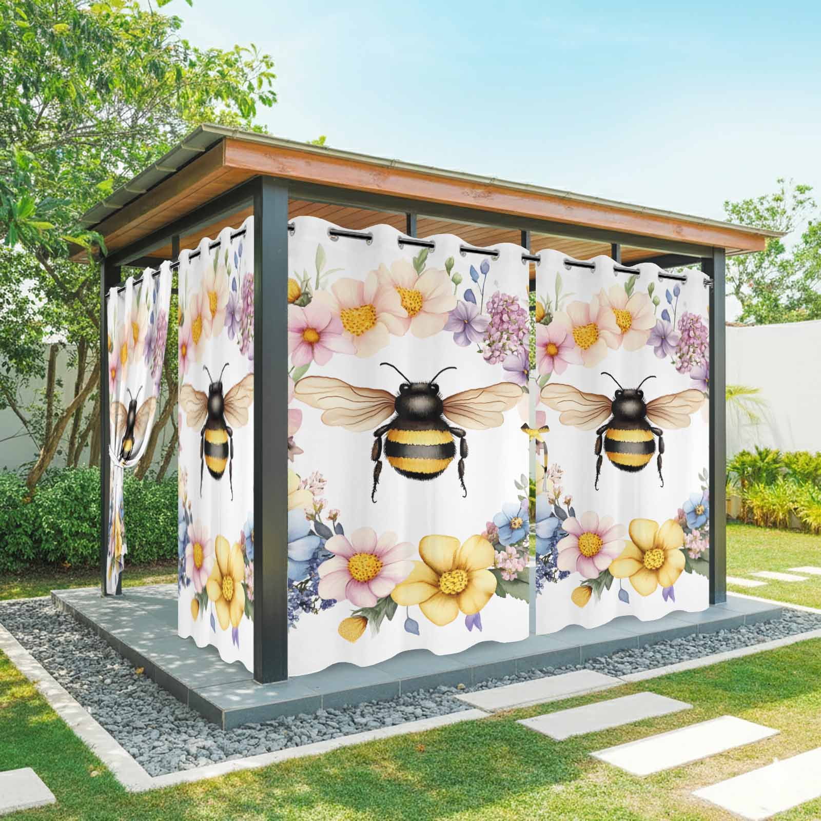 Colorful Daisy Wreath Bees Outdoor Curtains for Patio Waterproof ...