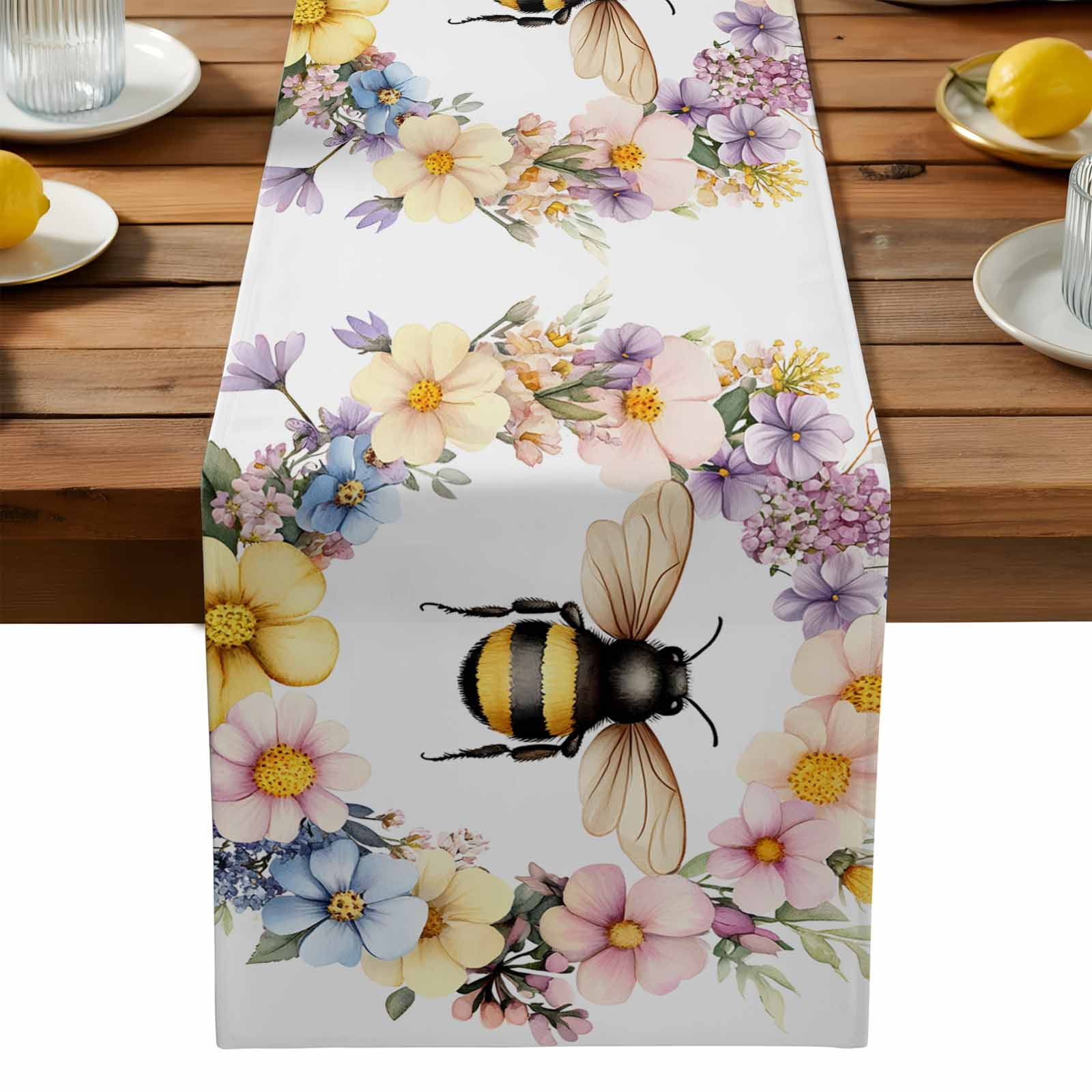 Colorful Daisy Wreath Bees Table Runner, Spring Flowers Garland Kitchen ...