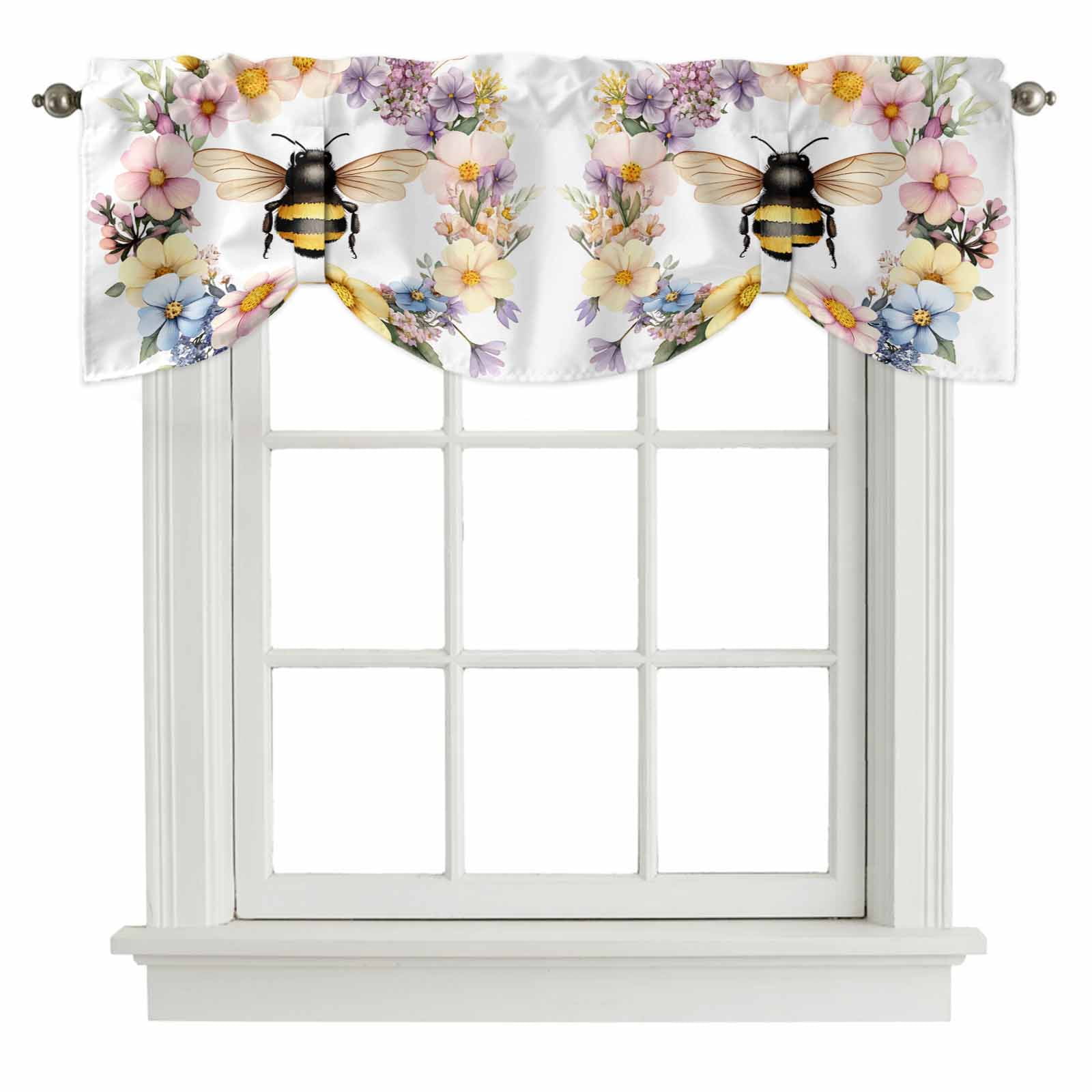 Colorful Daisy Wreath Bees Tie Up Valances Curtain, Spring Flowers ...