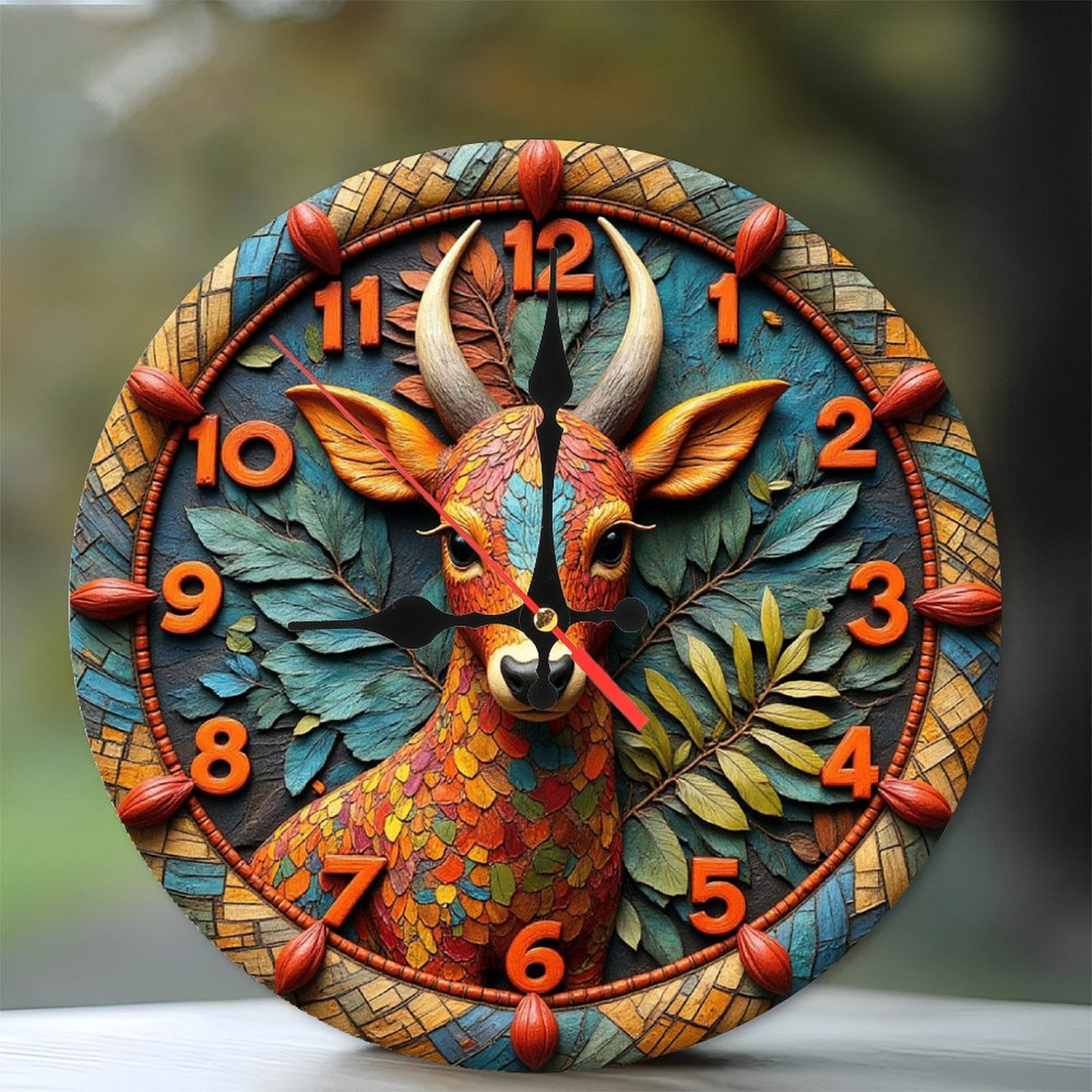 Colorful Deer Wall Clock with Artistic Leaf Design 10-Inch Silent ...