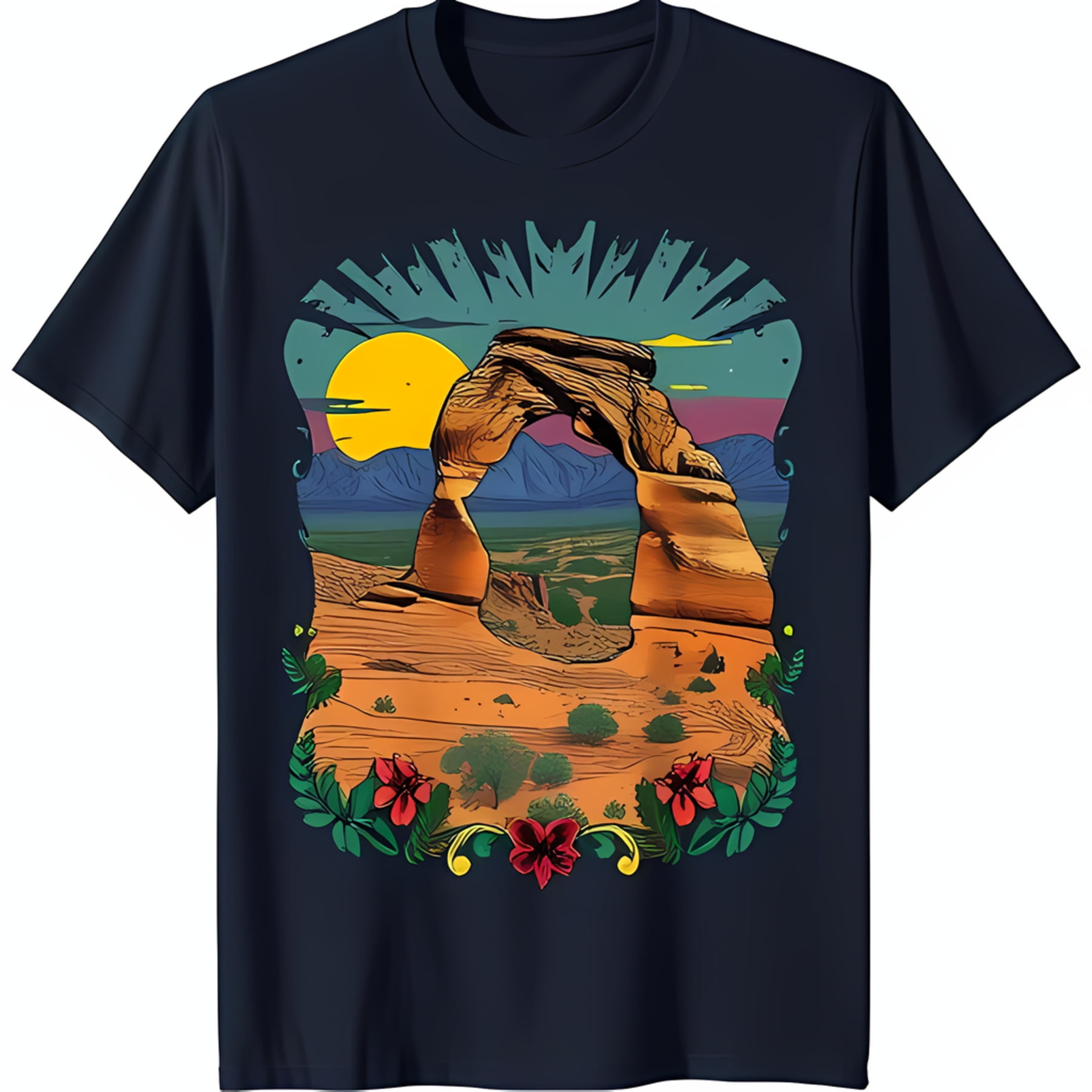 Colorful Delicate Arch Graphic on Black T-Shirt with Floral Wreath ...