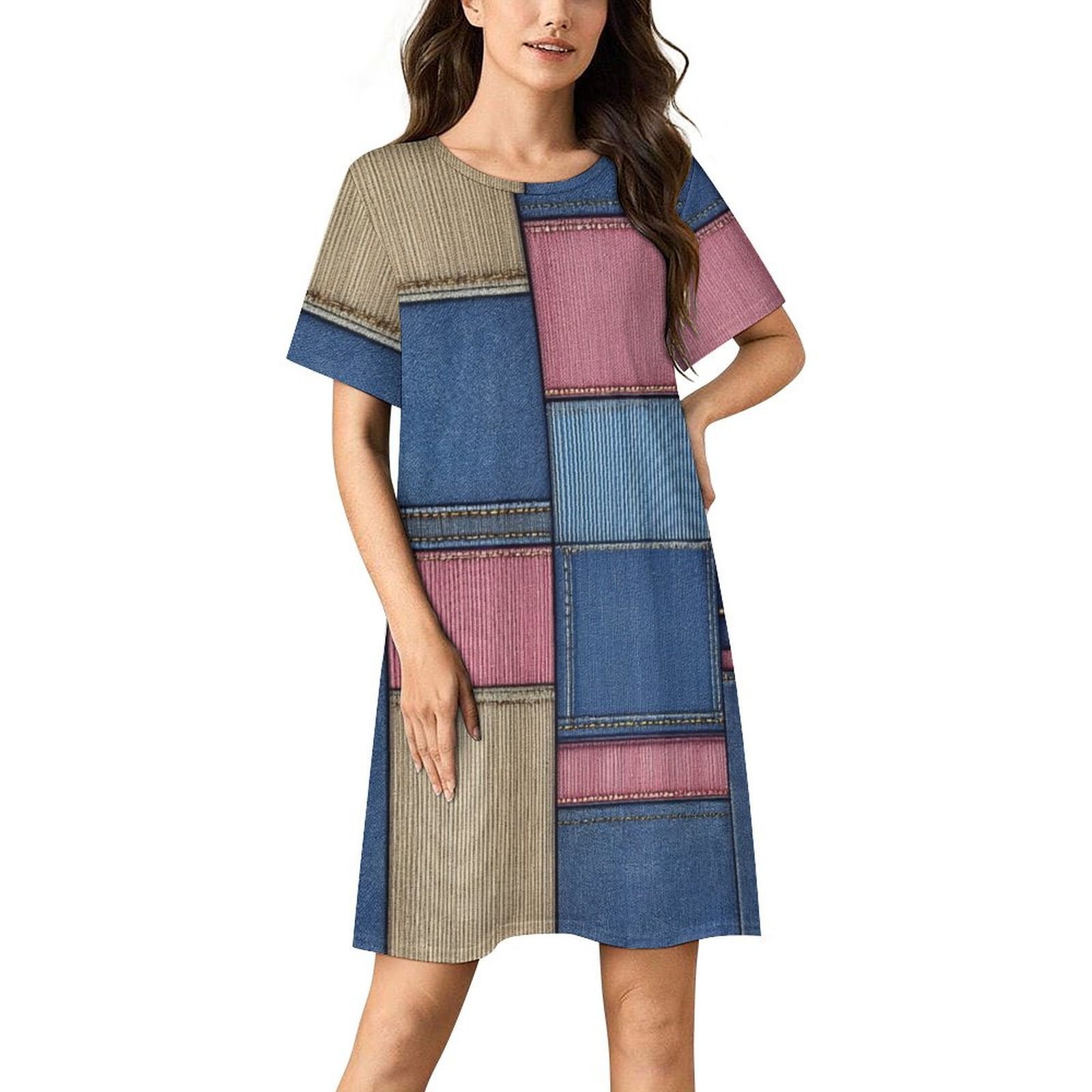 Colorful Denim Patchwork Pattern Women Nightgown Sleepwear Short ...