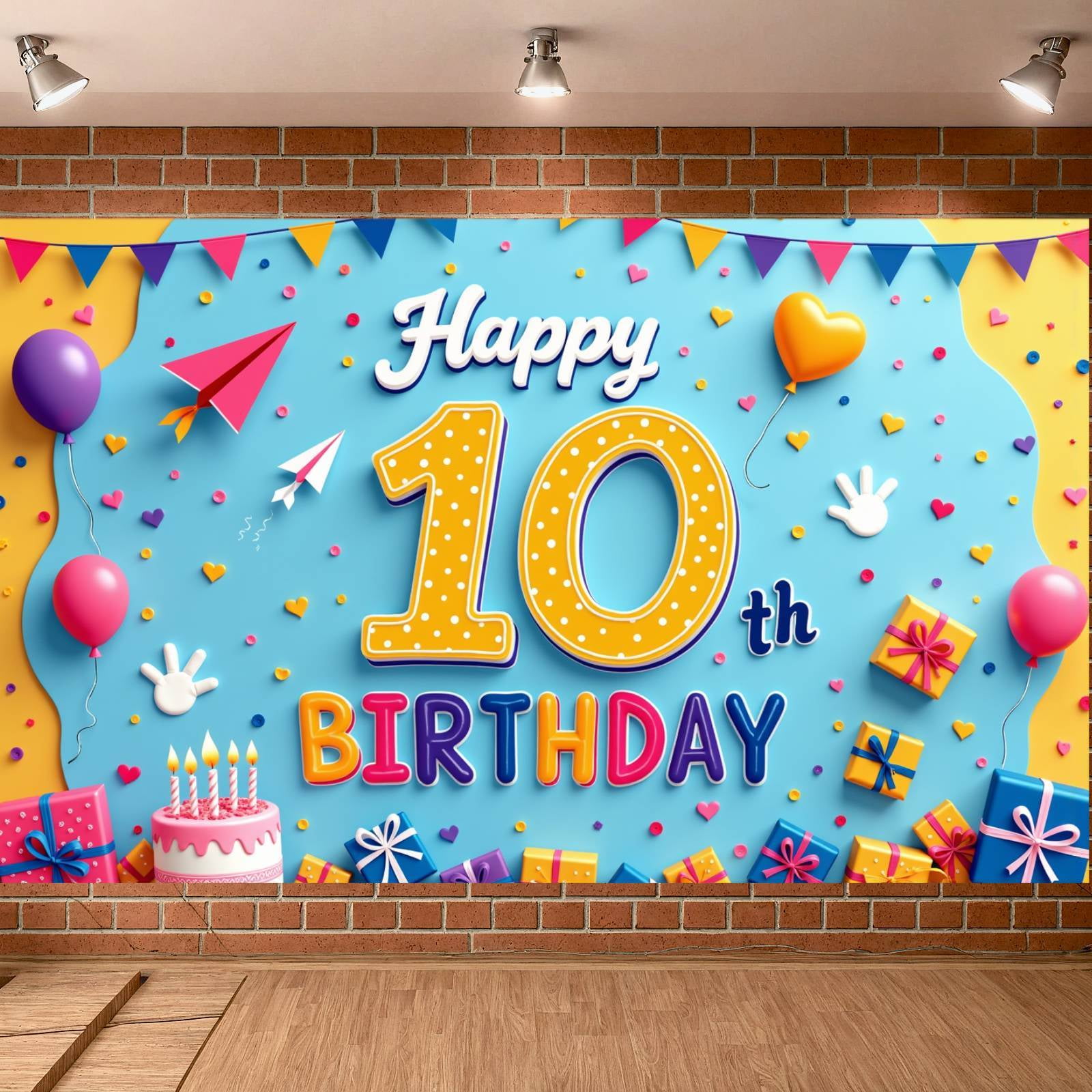 Colorful Design 10th Birthday Banner Yellow Polka Dot Display Heart ...