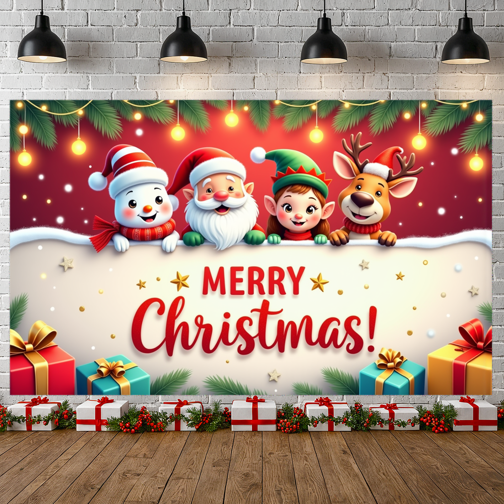 Colorful Design Merry Christmas Banner Cute Characters Celebration ...