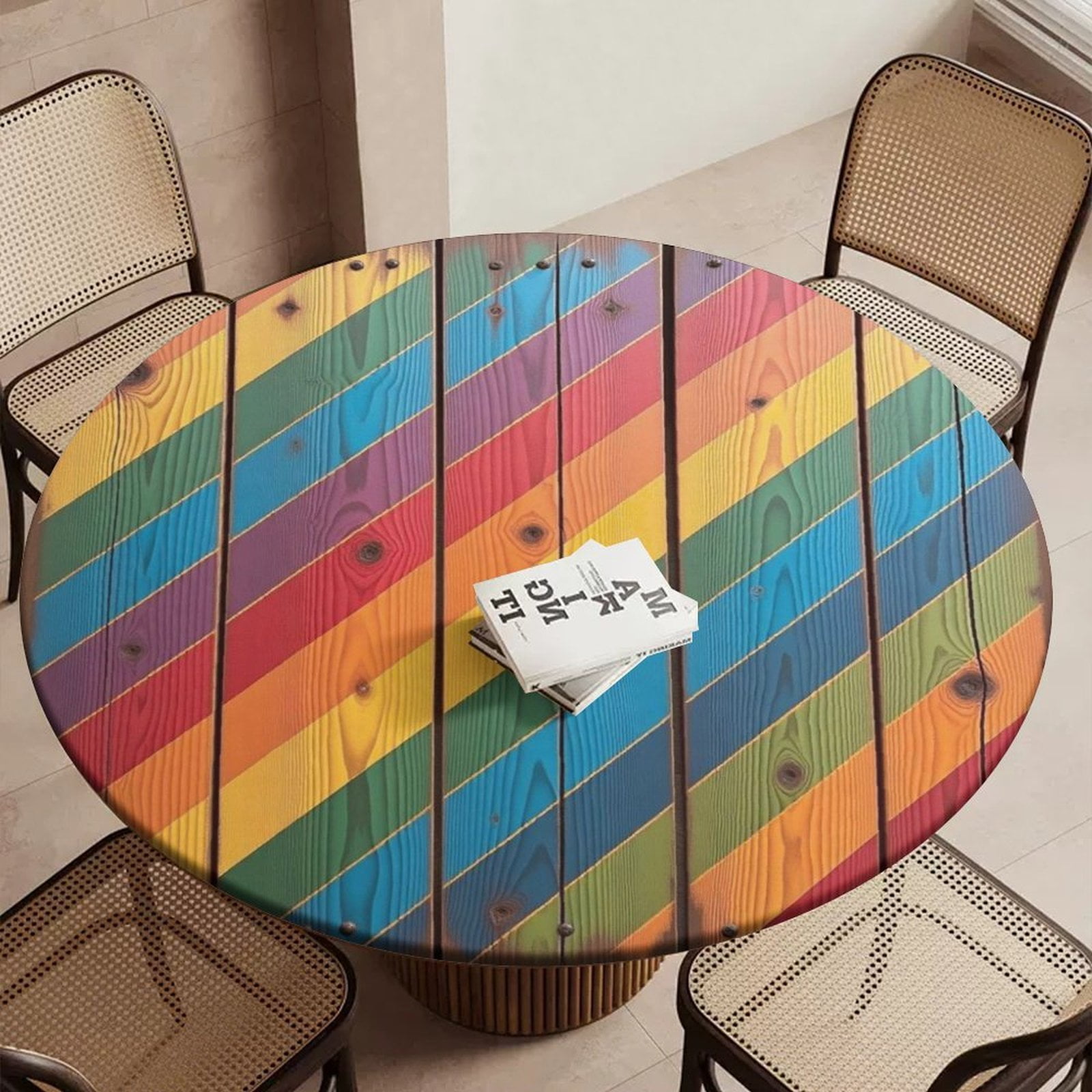 Colorful Diagonal Striped Wood Panel Round Table Cover Kitchen Printed ...