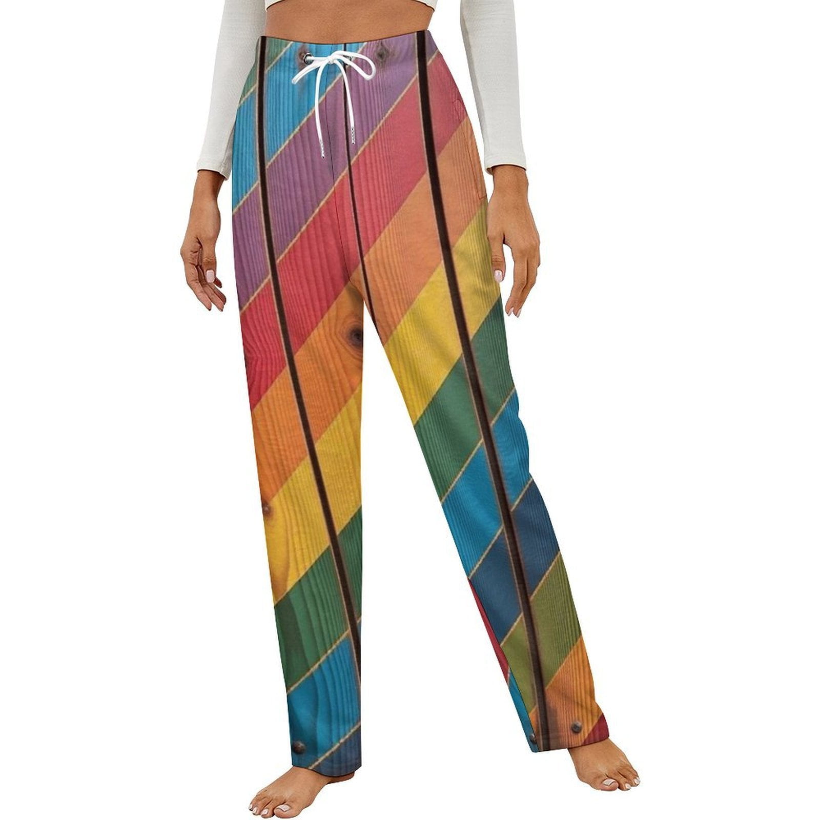 Colorful Diagonal Striped Wood Panel Winter Female Pants Flannel High ...