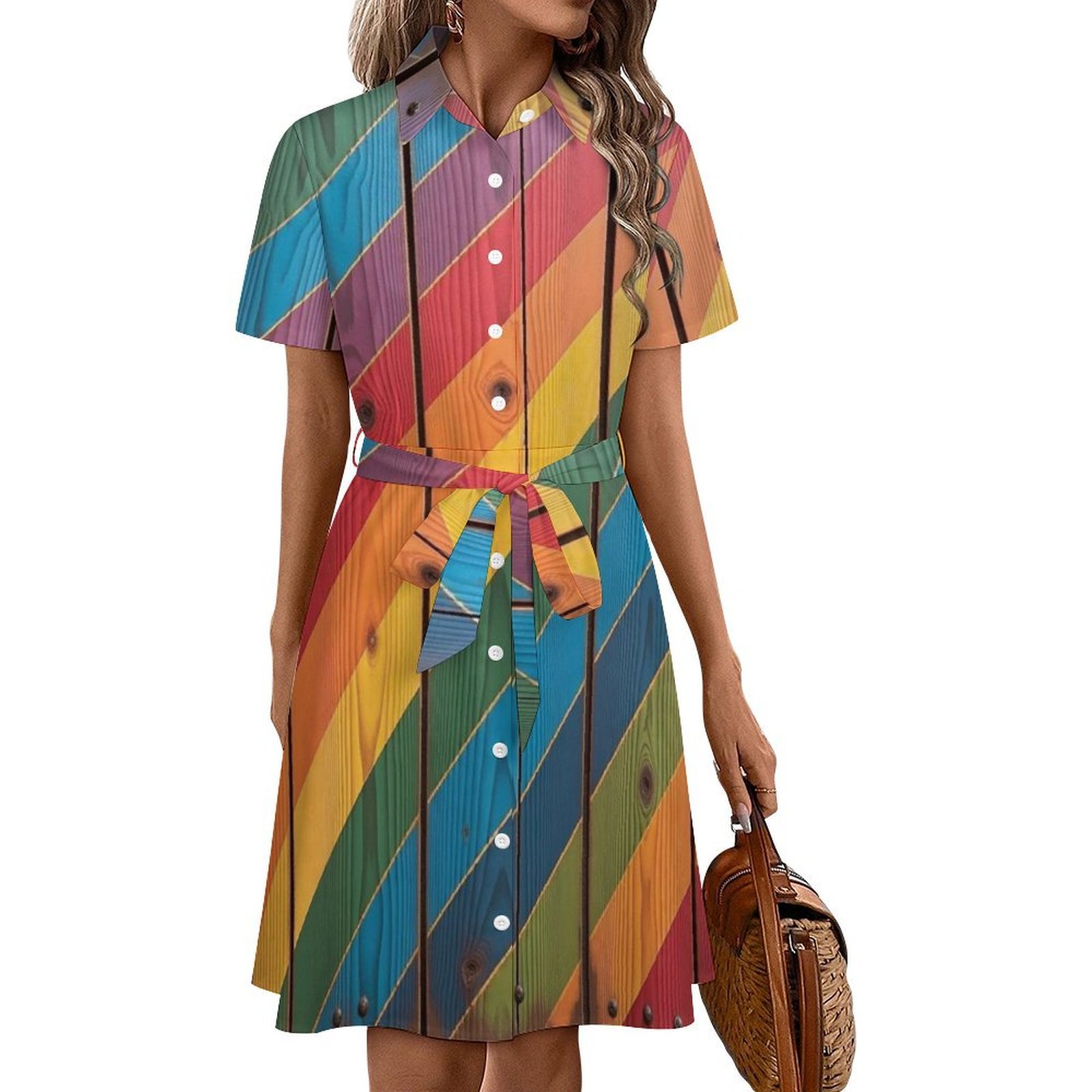 Colorful Diagonal Striped Wood Panel Womens Shirt Dresses Women'S Short ...
