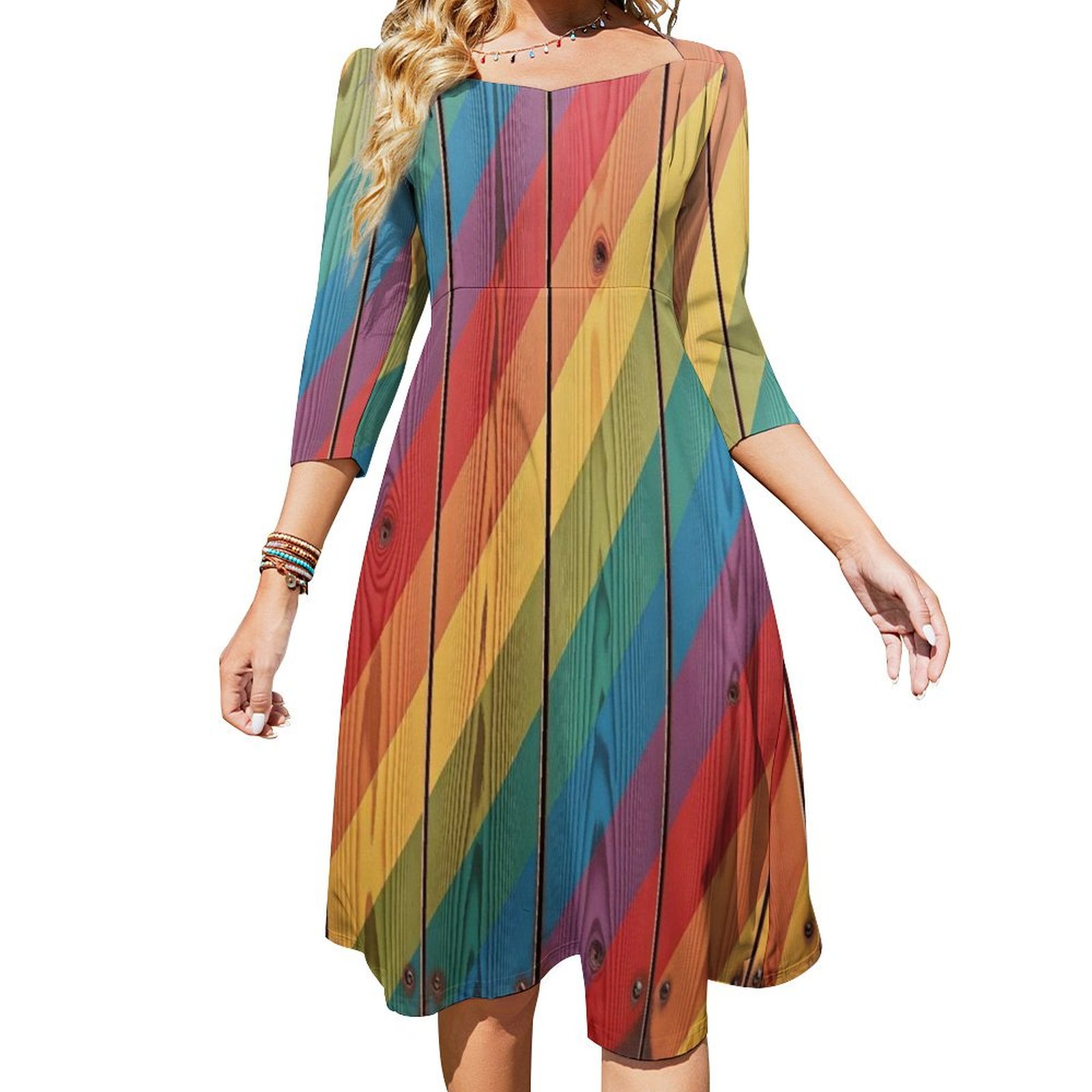 Colorful Diagonal Stripes Wood Print Sweetheart Knot Flared Dress ...