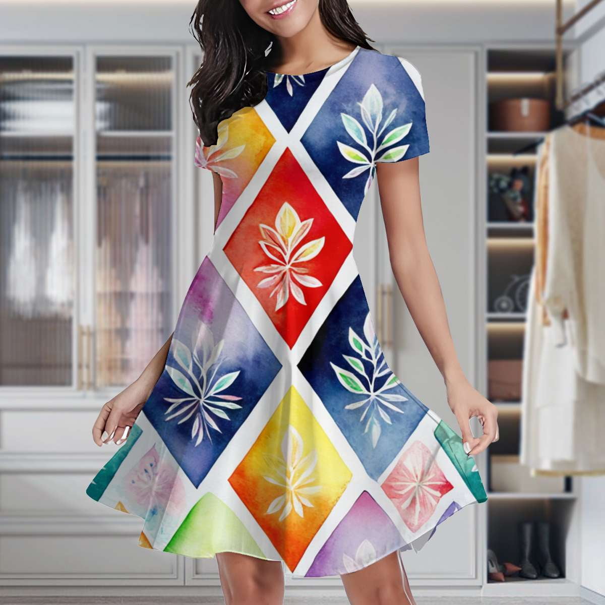 Colorful Diamond Floral Pattern Women's Classic Swing Skater Dress ...