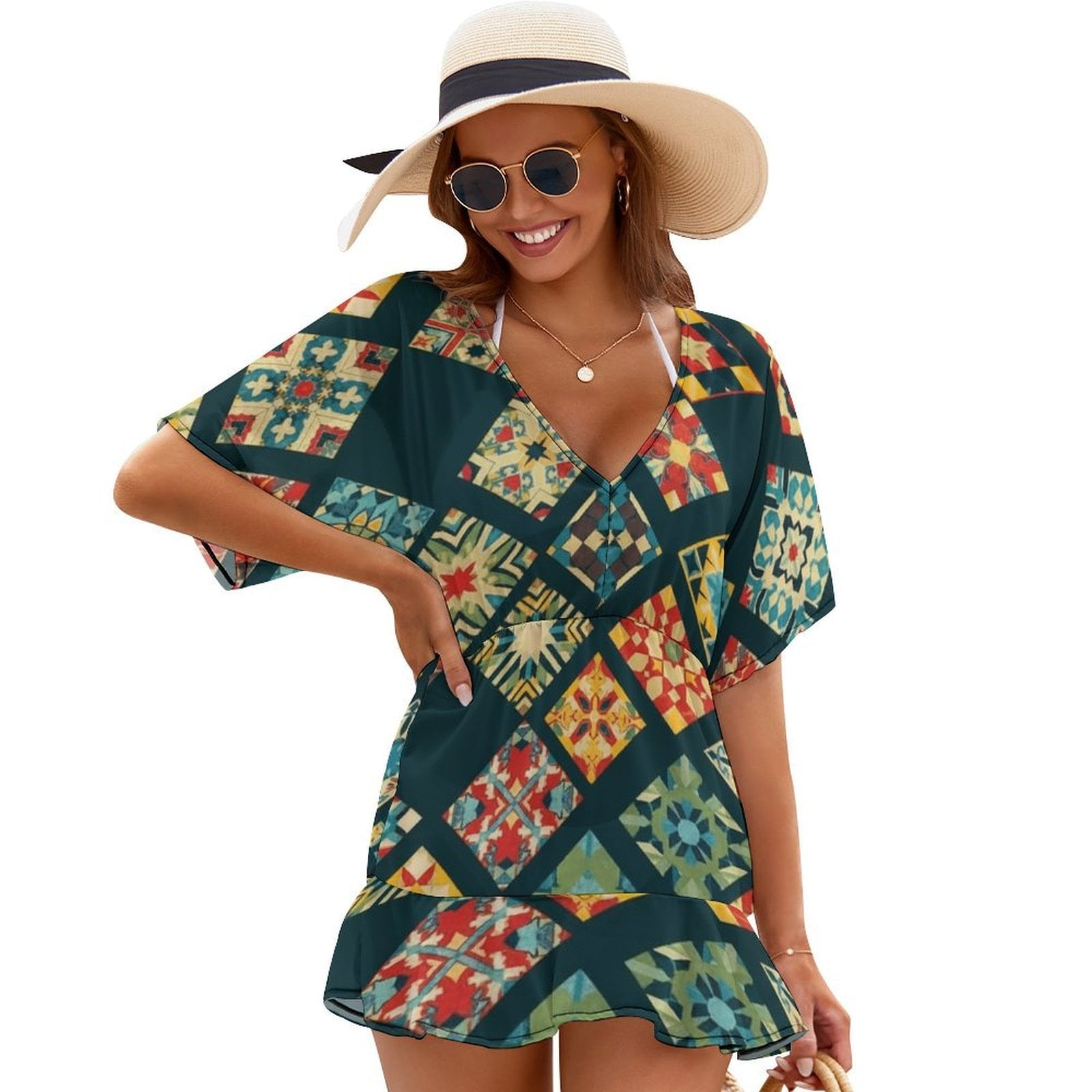 Colorful Diamond Patterned Tile Beach Cover Ups Women V Neck Short ...