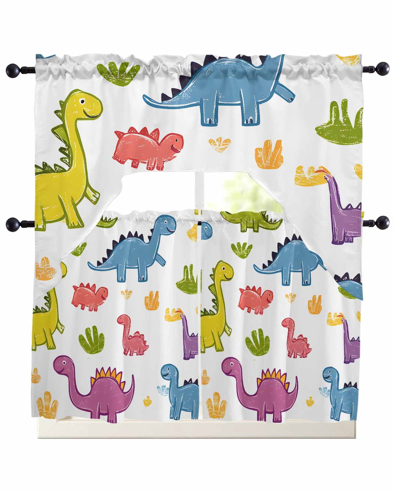 Colorful Dinosaur Kitchen Curtains Sets 24 Inch Length with Valance ...