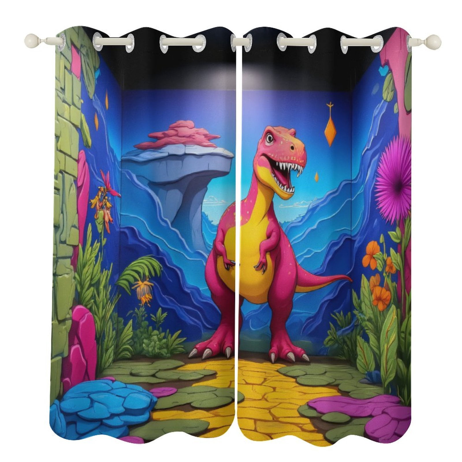 Colorful Dinosaur Room Mural Luxury Window Curtains Blinds for Living ...