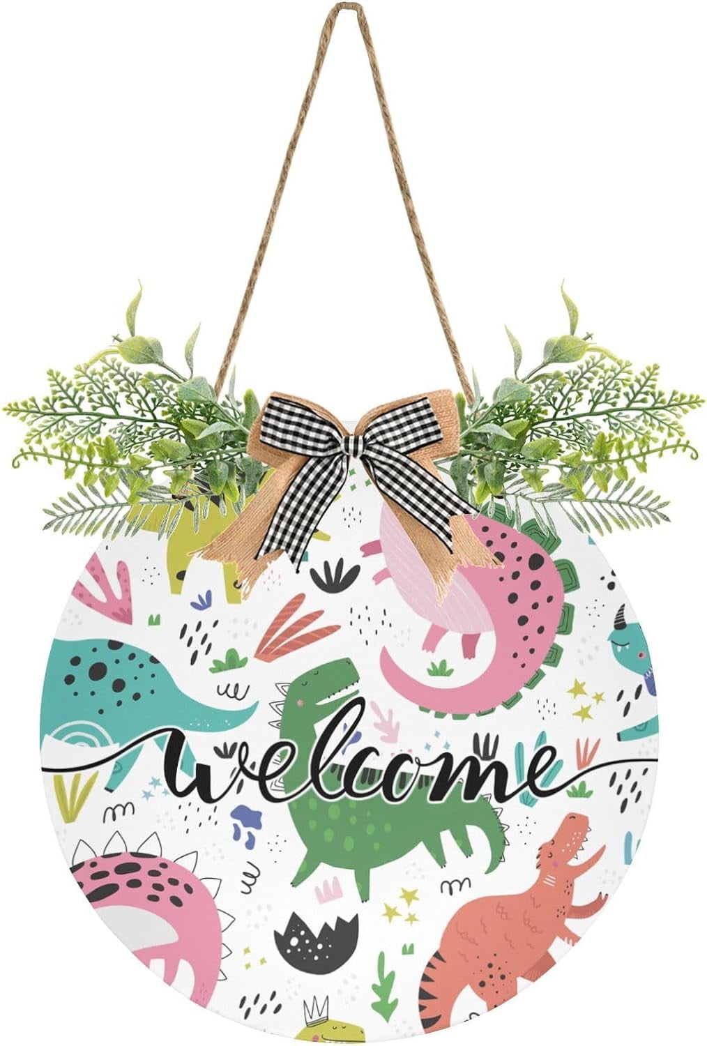 Colorful Dinosaur Welcome Sign Farmhouse Front Porch Door Hanging ...