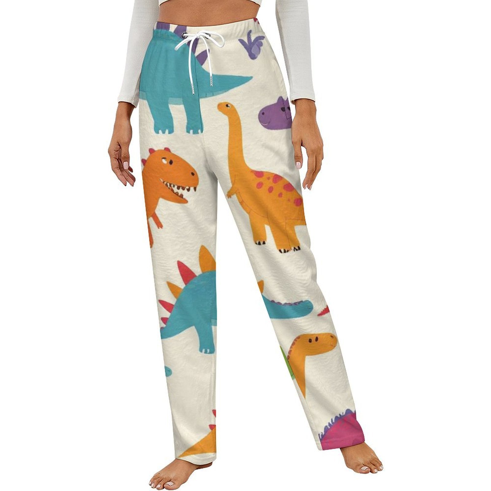 Colorful Dinosaur Winter Female Pants Flannel High Waist Women Pants ...