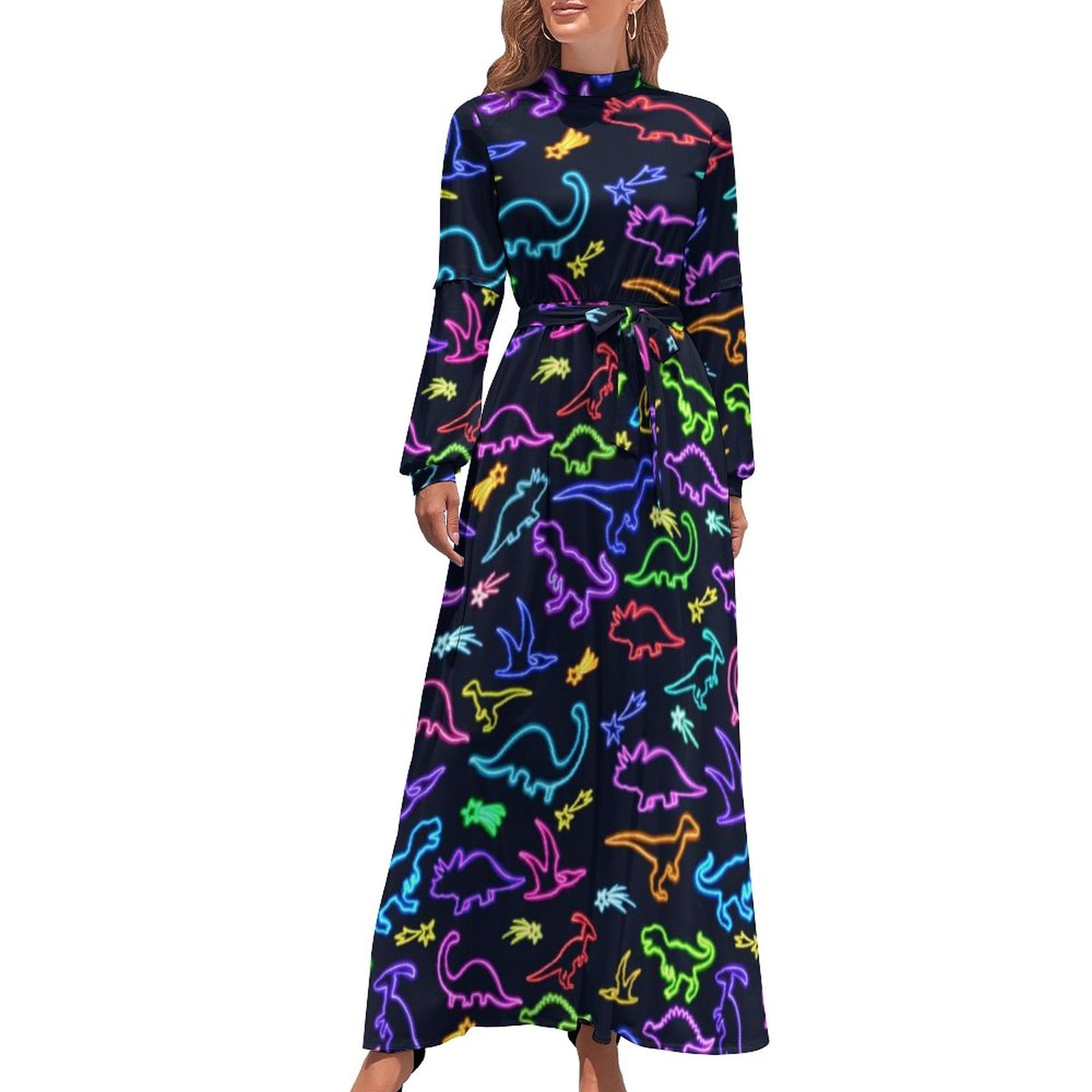 Colorful Dinosaurs Pattern Dress Dinosaur Modern Print Maxi Dress High ...