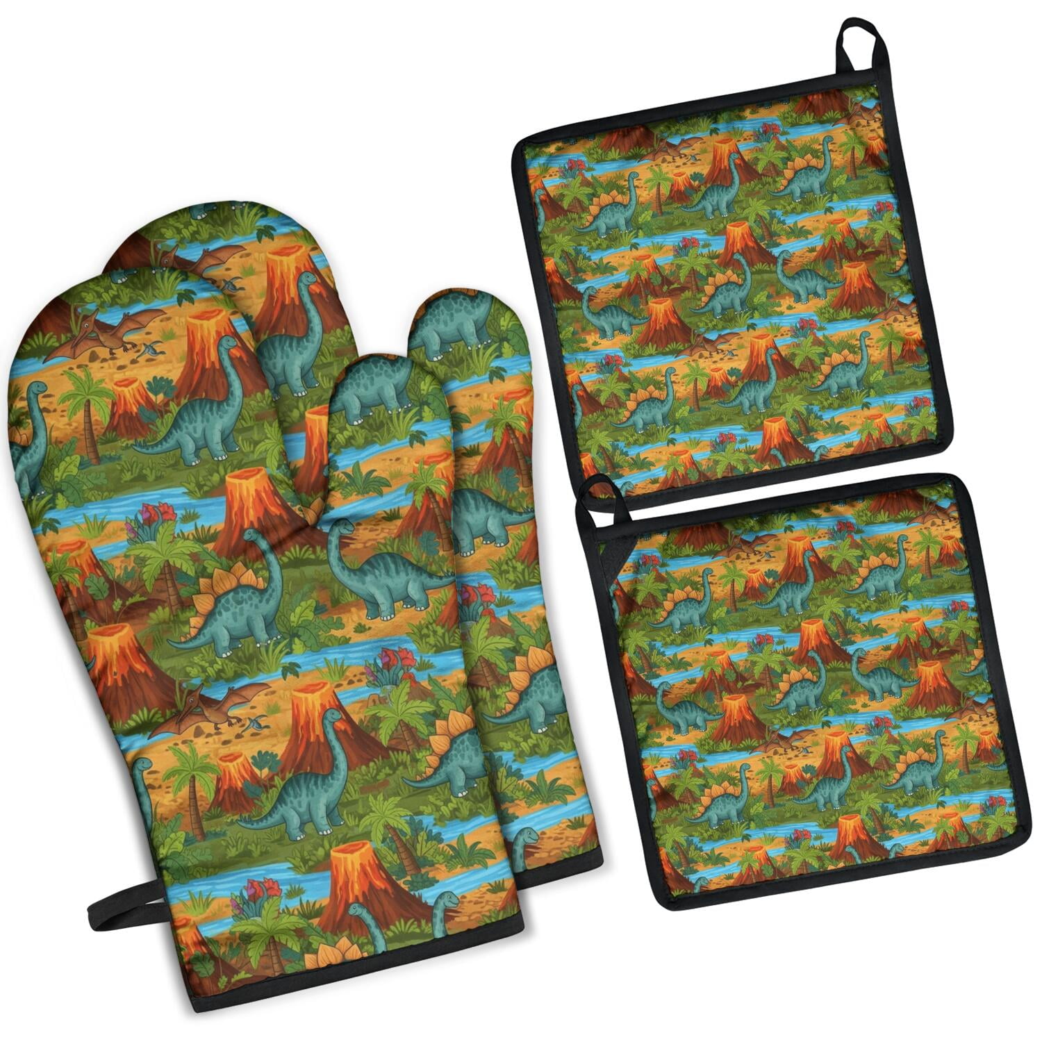 Colorful Dinosaurs River Volcanoes Pattern Kitchen Oven Mitt and Pot ...