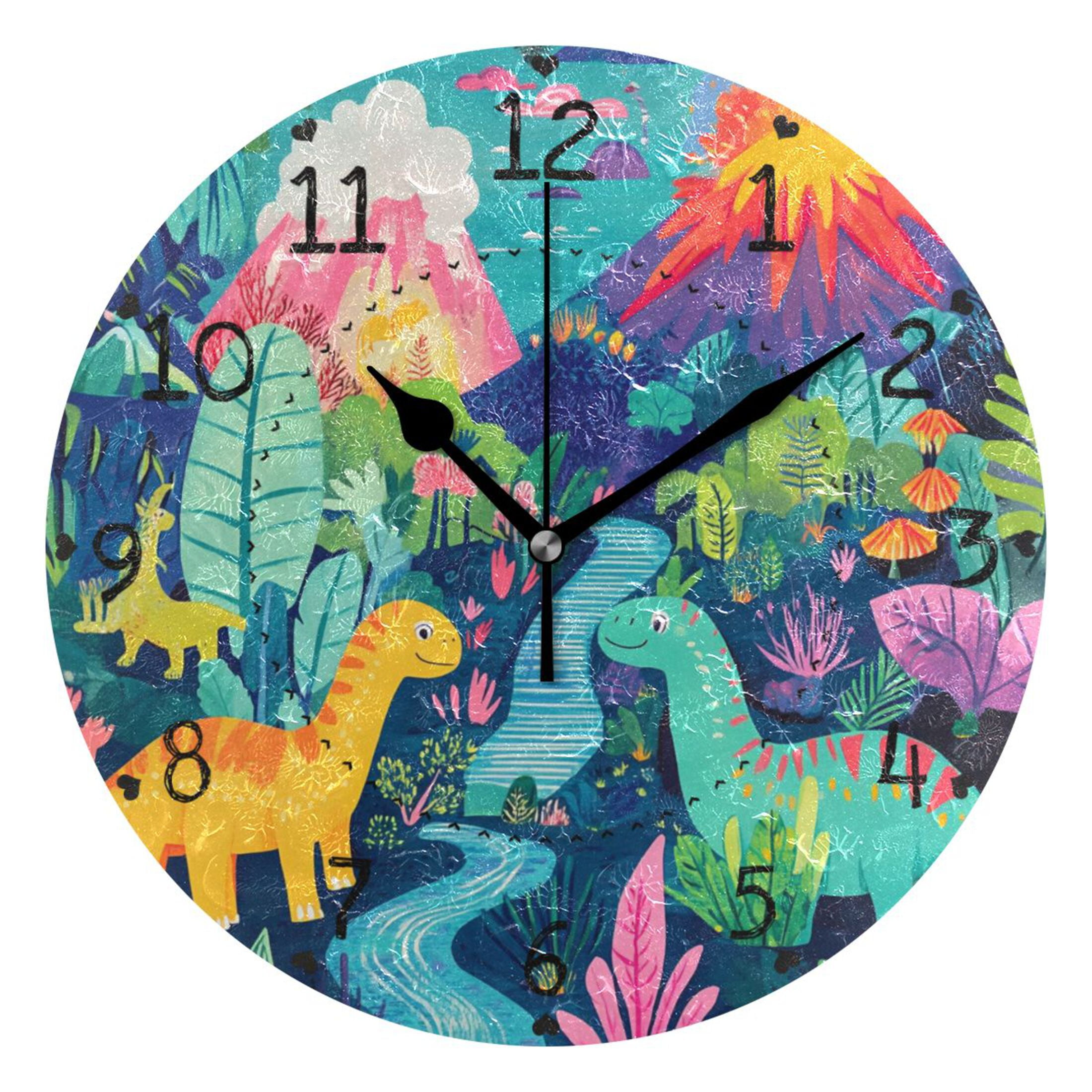 Colorful Dinosaurs in Jungle Round Wall Clock Silent Analog Battery ...