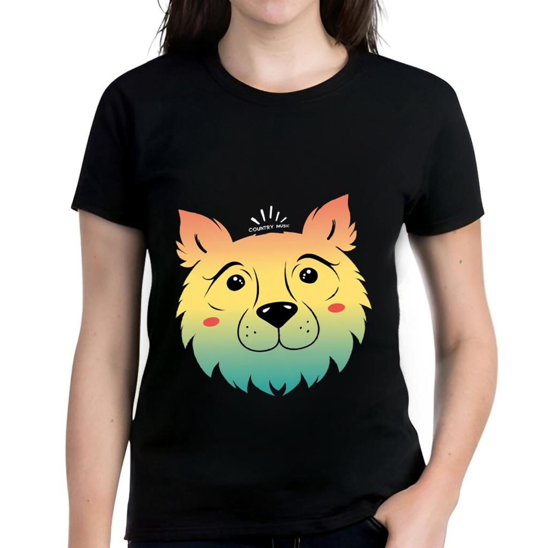 Colorful Dog Face Cotton Short Sleeve T-Shirt for Women - Playful ...