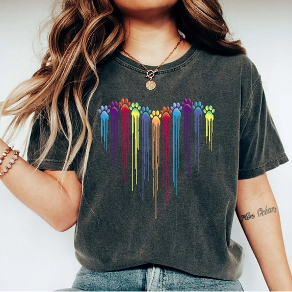 Colorful Dog Paw Heart Shirt, Dog Paw Shirt, Colorful Dog Heart Paw Tee ...