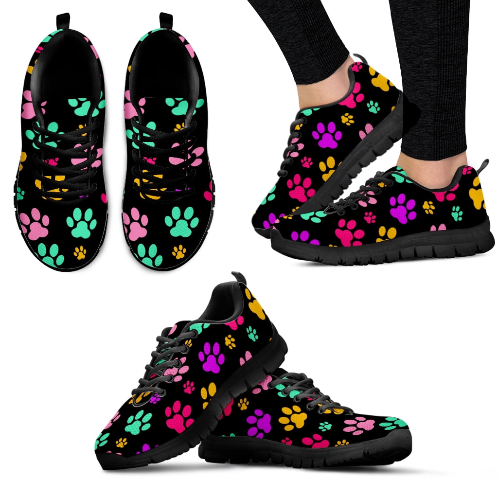 Colorful Dog Paw Print Comfortable Brand Sneakers Black Lace-up Flats ...