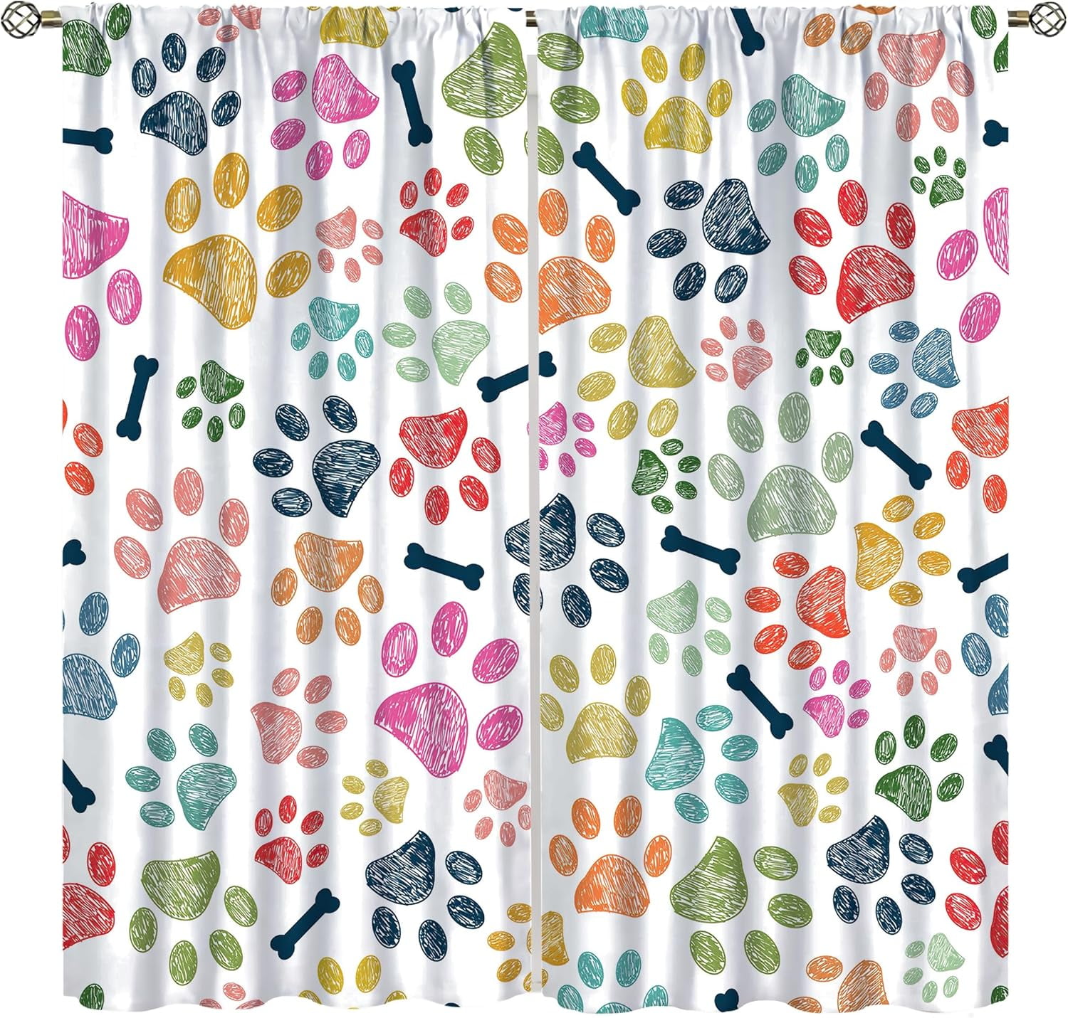 Colorful Dog Paw Print Curtains, Cute Hand Painted Animal Dog Paw Print ...