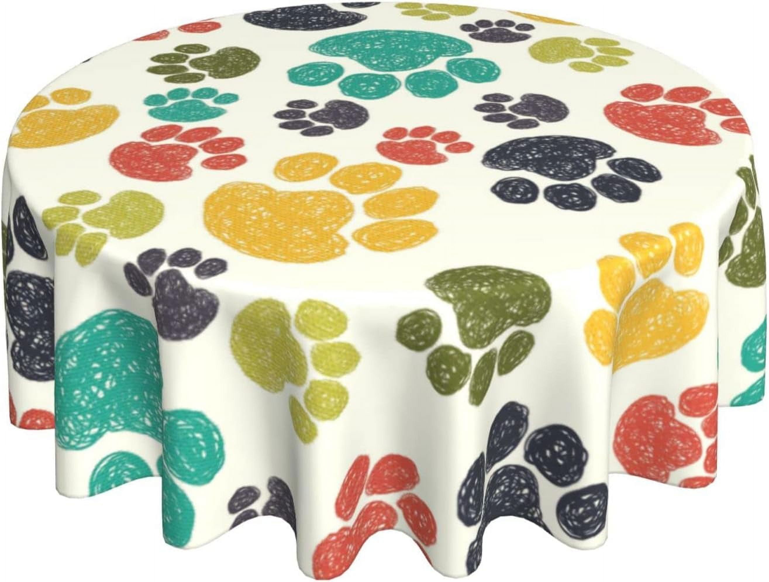 Colorful Dog Paw Round Table Cloth Doodle Paw Round Tablecloth 60 Inch ...