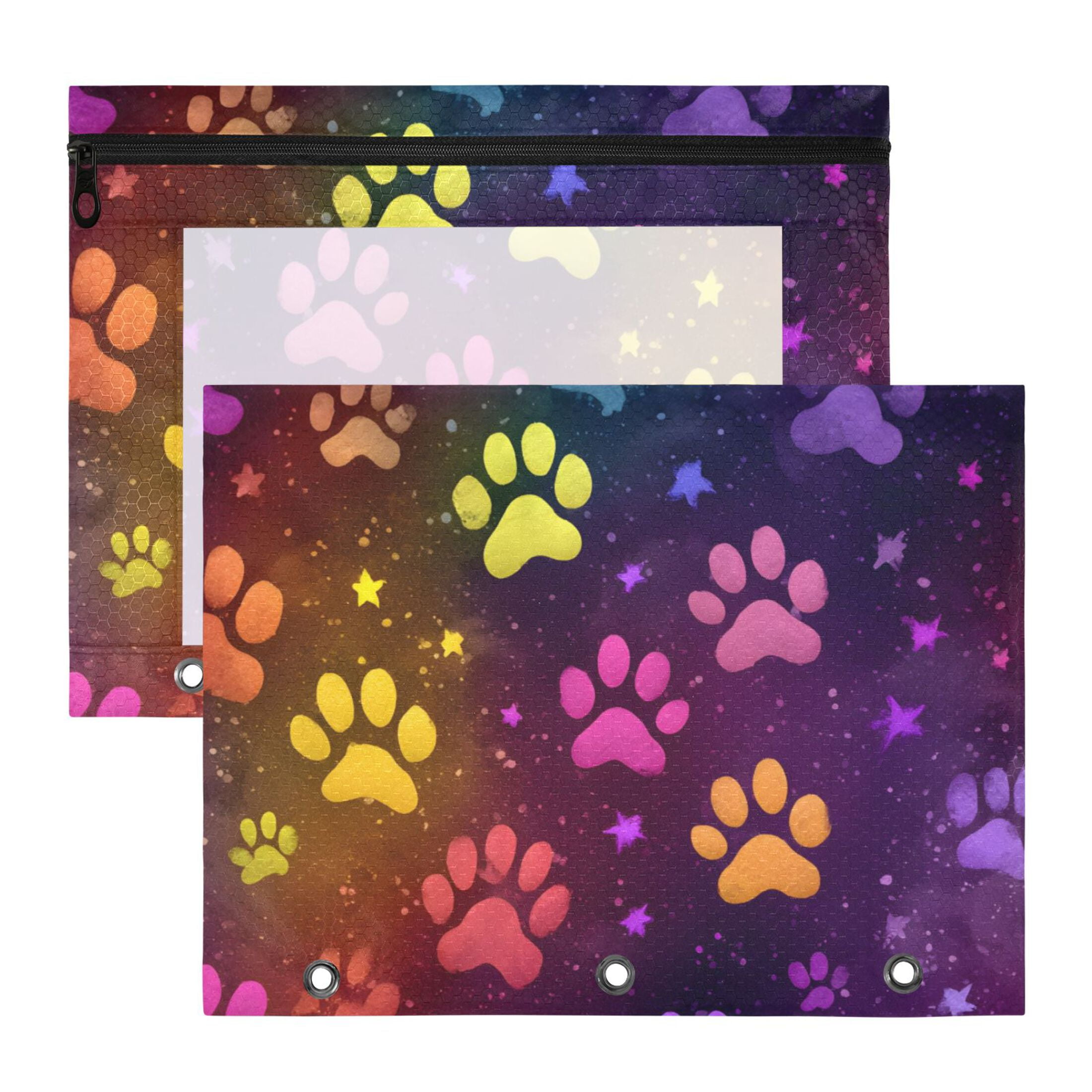 Colorful Dog Paws Stars Print 3-Ring Binder Pouches A4 Size Zipper ...