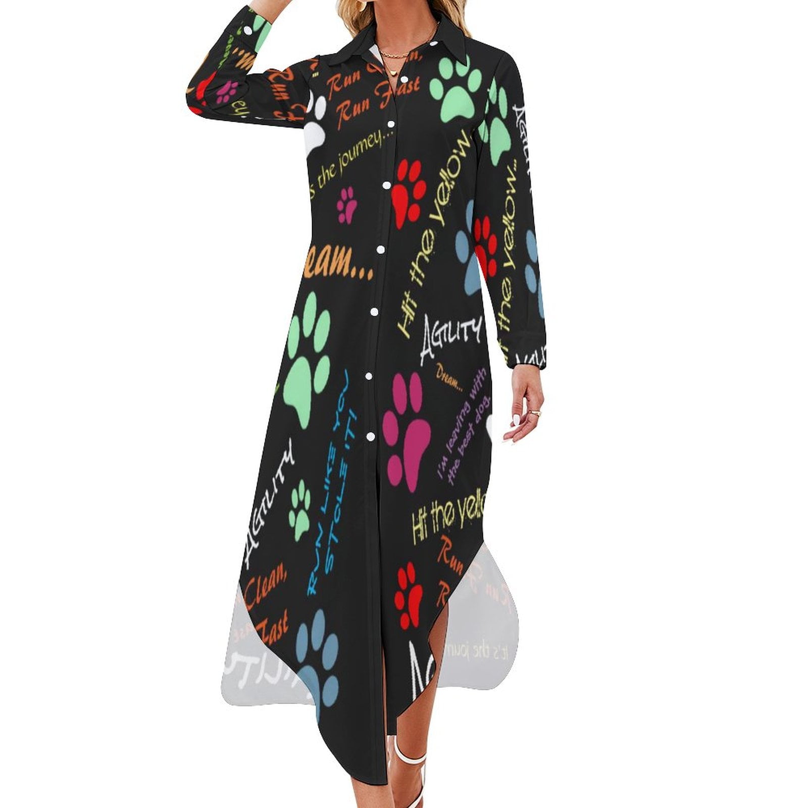 Colorful Dog Pow Chiffon Dress Multicolored Paws Print Elegant Dresses ...
