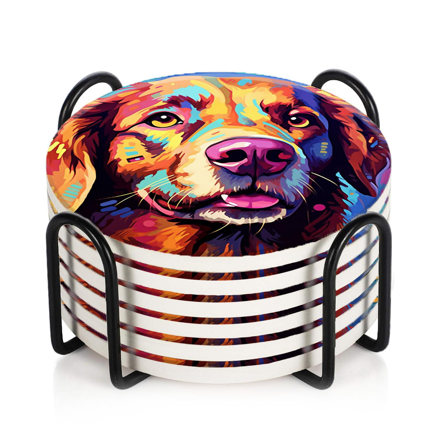Colorful Dog Print Golden Retriever Colorful Drink Coasters with Holder ...