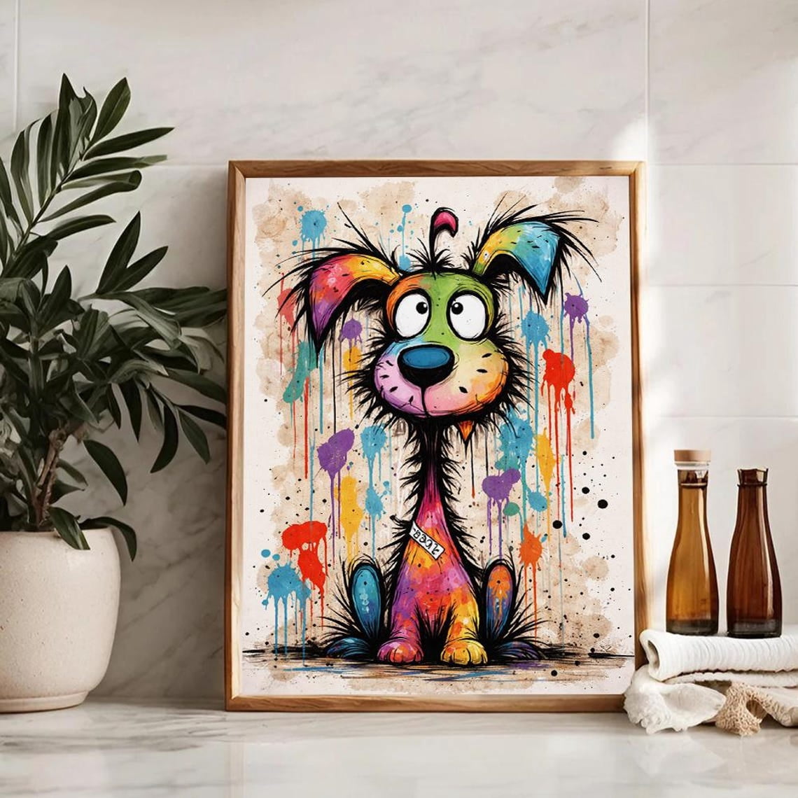 Colorful Dog Wall Art Cartoon Illustration Whimsical Puppy Playful ...