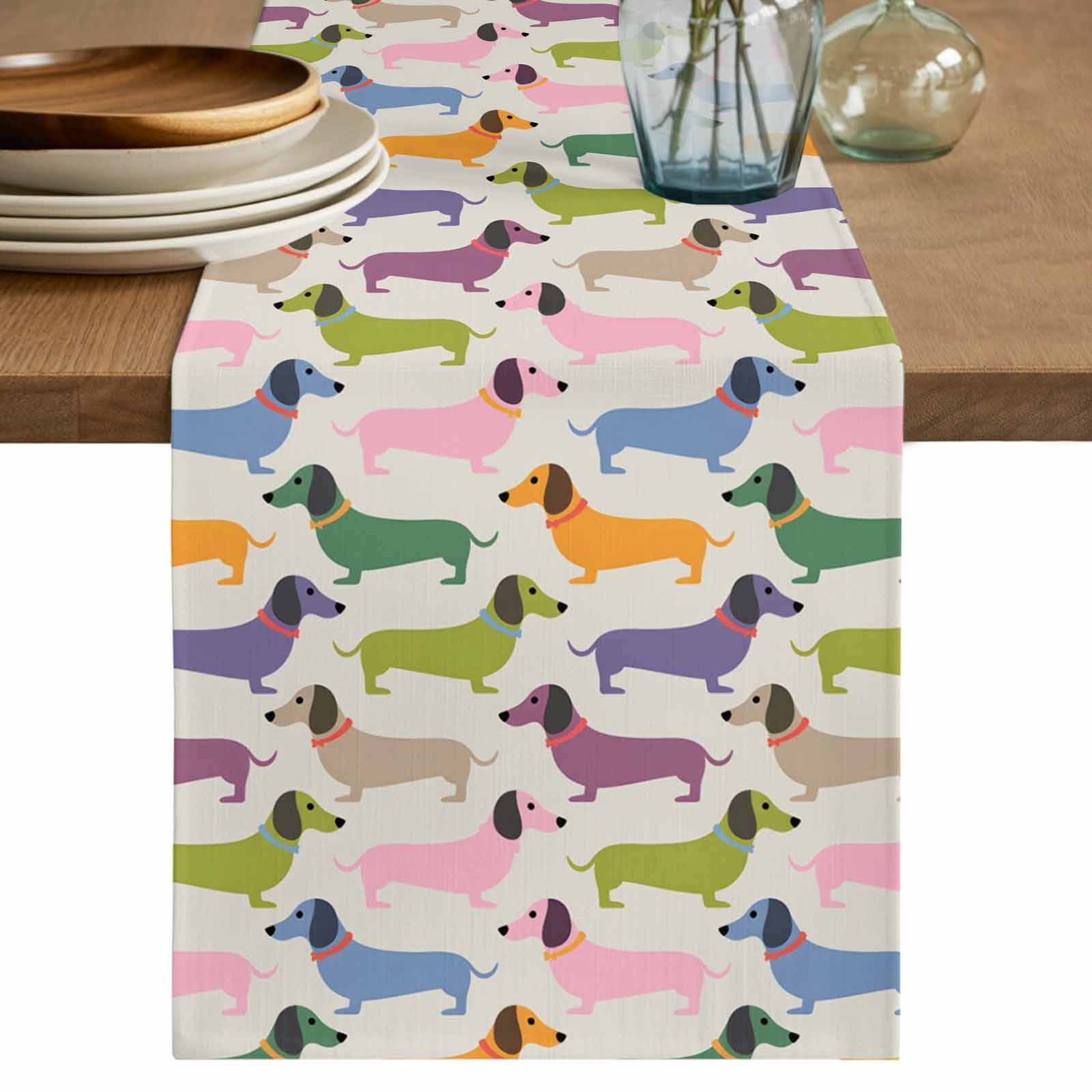 Colorful Dogs Table Runner 120 Inches, Vintage Cartoon Animals Bed ...