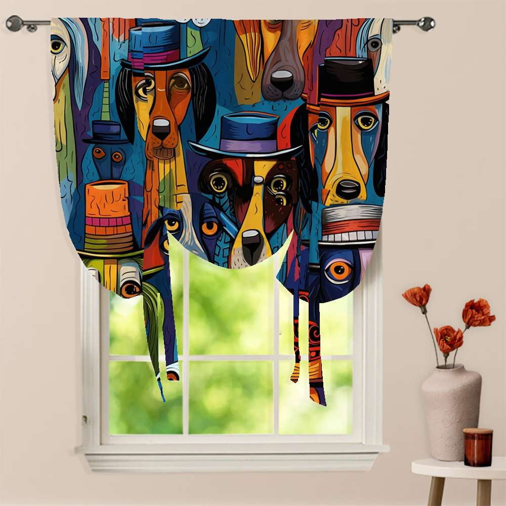 Colorful Dogs Wearing Hats, Vibrant Art Style Window Curtain for Living ...