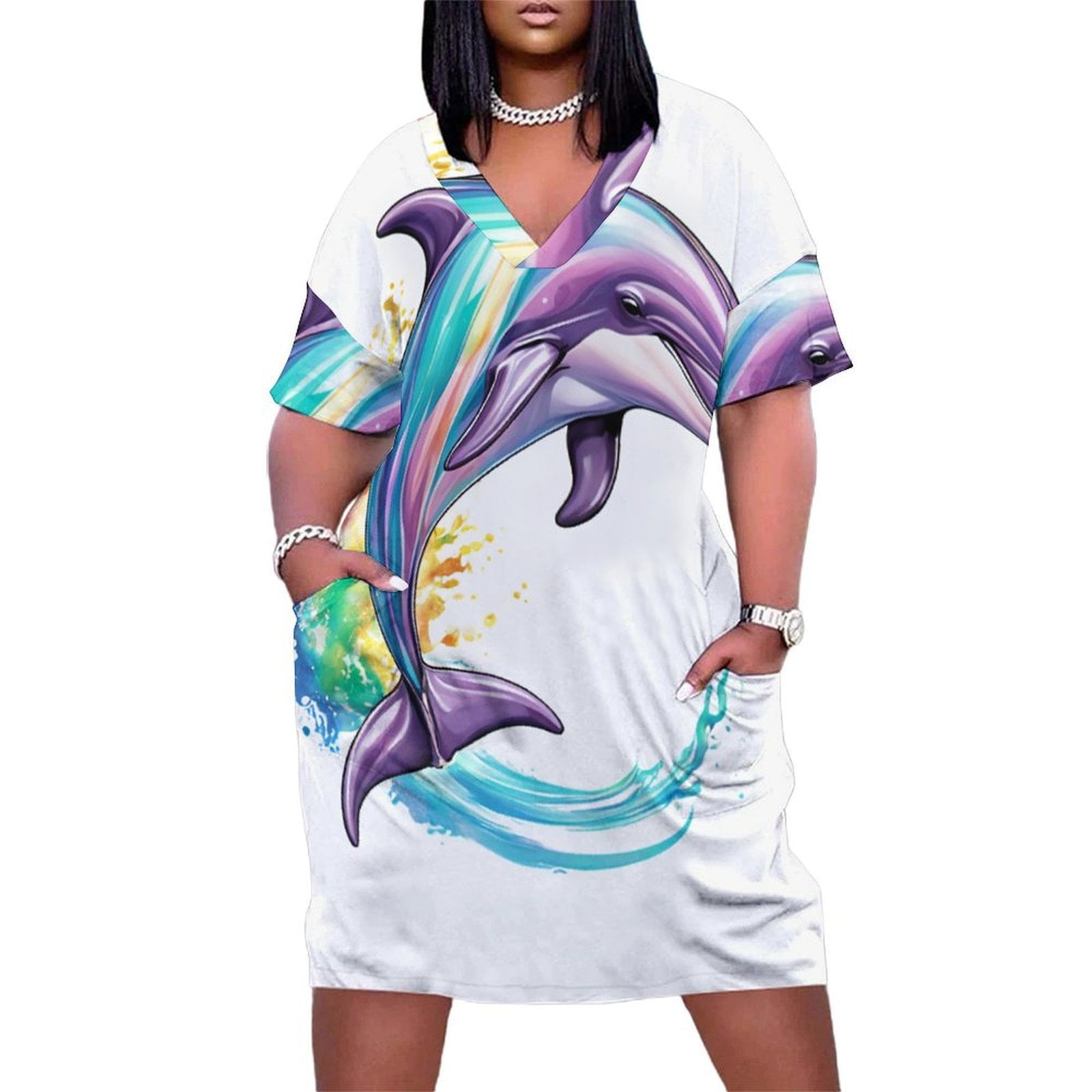 Colorful Dolphin Splash Art Loose Pocket Dress Dresses Summer Summer ...
