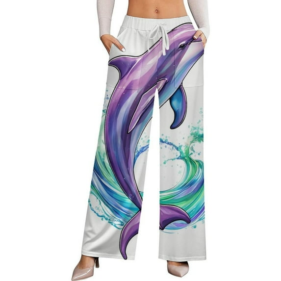 Colorful Dolphin Splash Art Women's Casual Wide Leg Pants Comfort ...