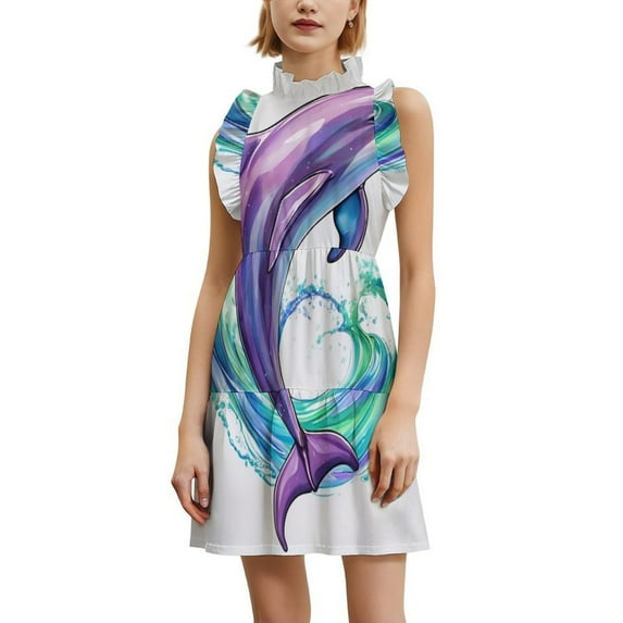 Colorful Dolphin Splash Art Women's Fashion Casual Dress Summer Stand ...