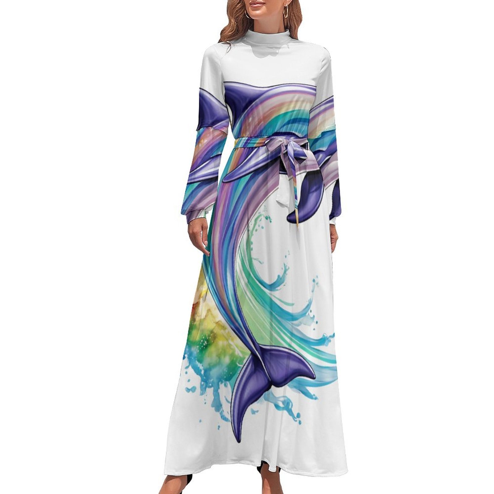 Colorful Dolphin Splash Art Women's Long Dress Long Sleeves Dress ...