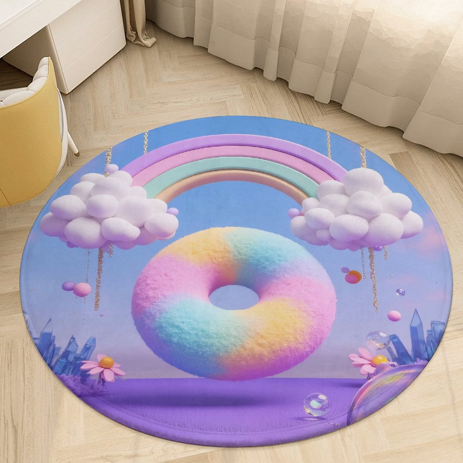 Colorful Donut with Rainbow And Clouds Round Area Rugs for Bedroom ...