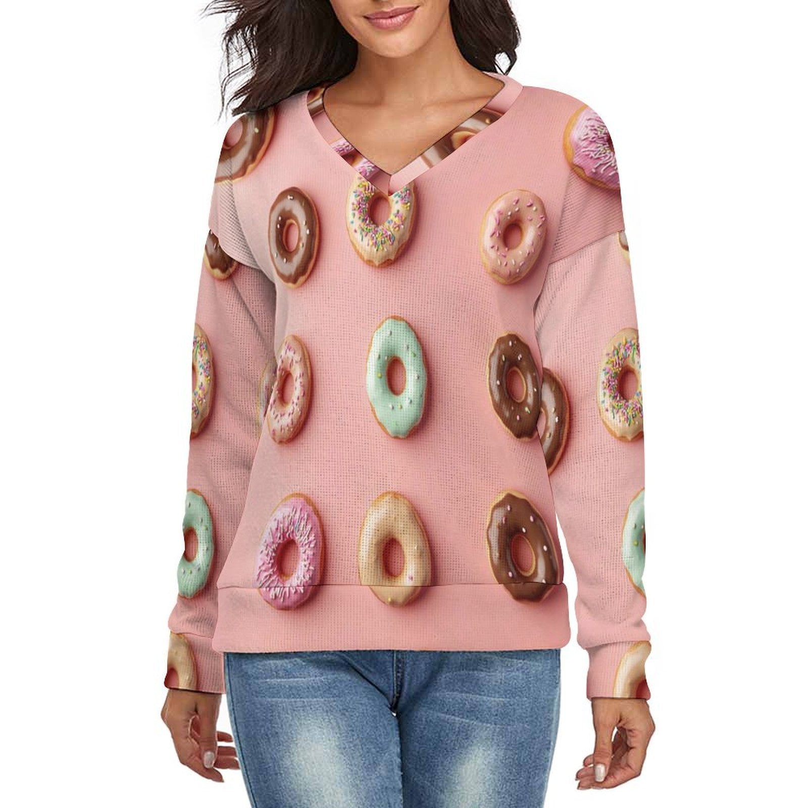 Colorful Donuts Pattern V-neck Sweater Winter Clothes Long Sleeve ...