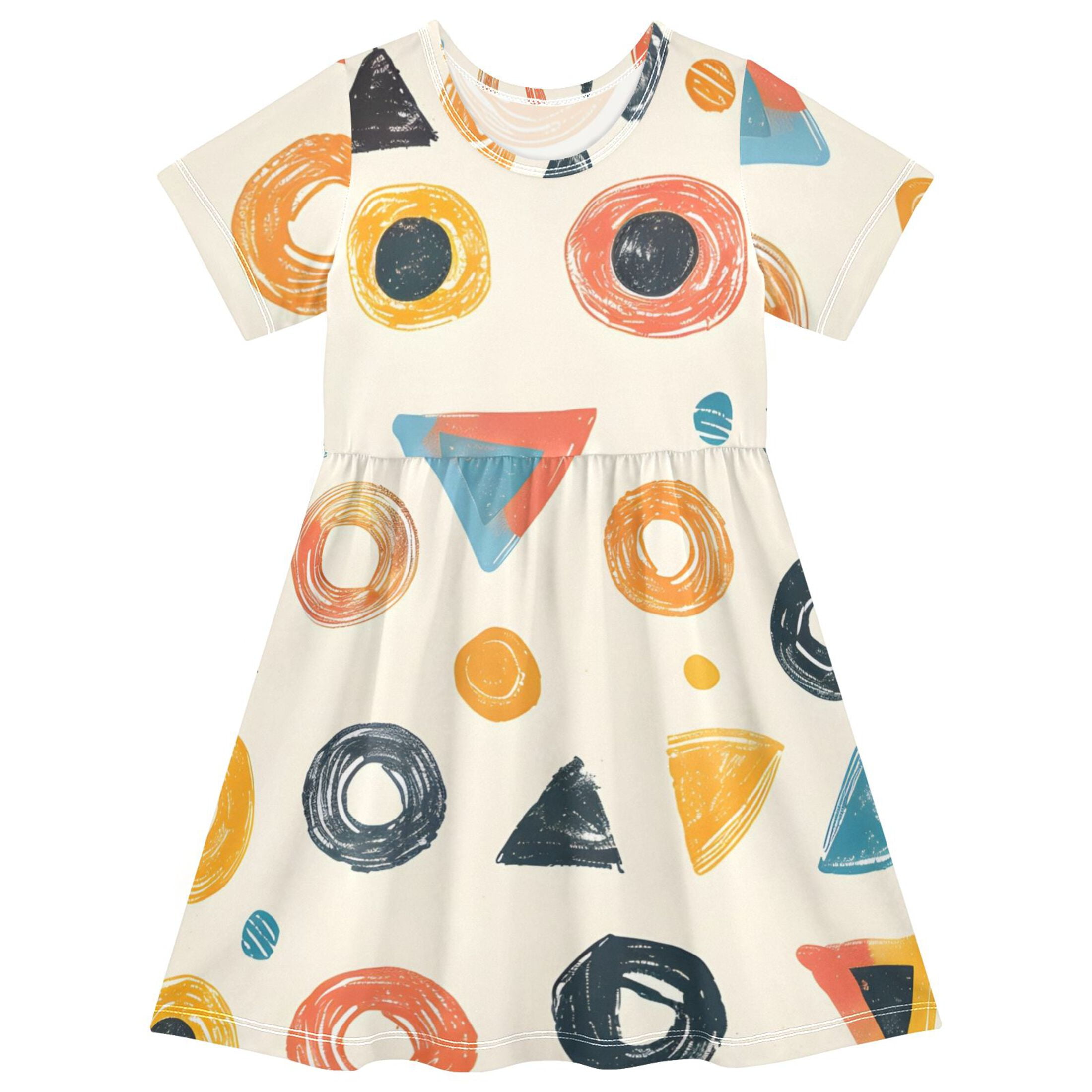 Colorful Doodle Circles Triangles Girls' Short Sleeve Dress A-Line One ...