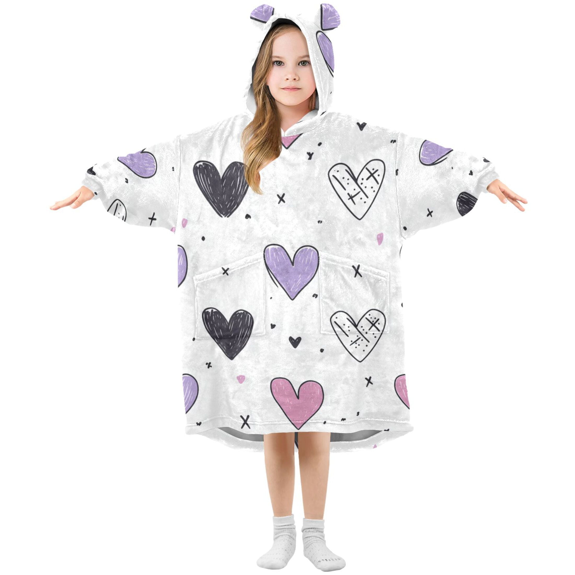 Colorful Doodle Hearts and X Marks Flannel Wearable Blankets Hooded ...