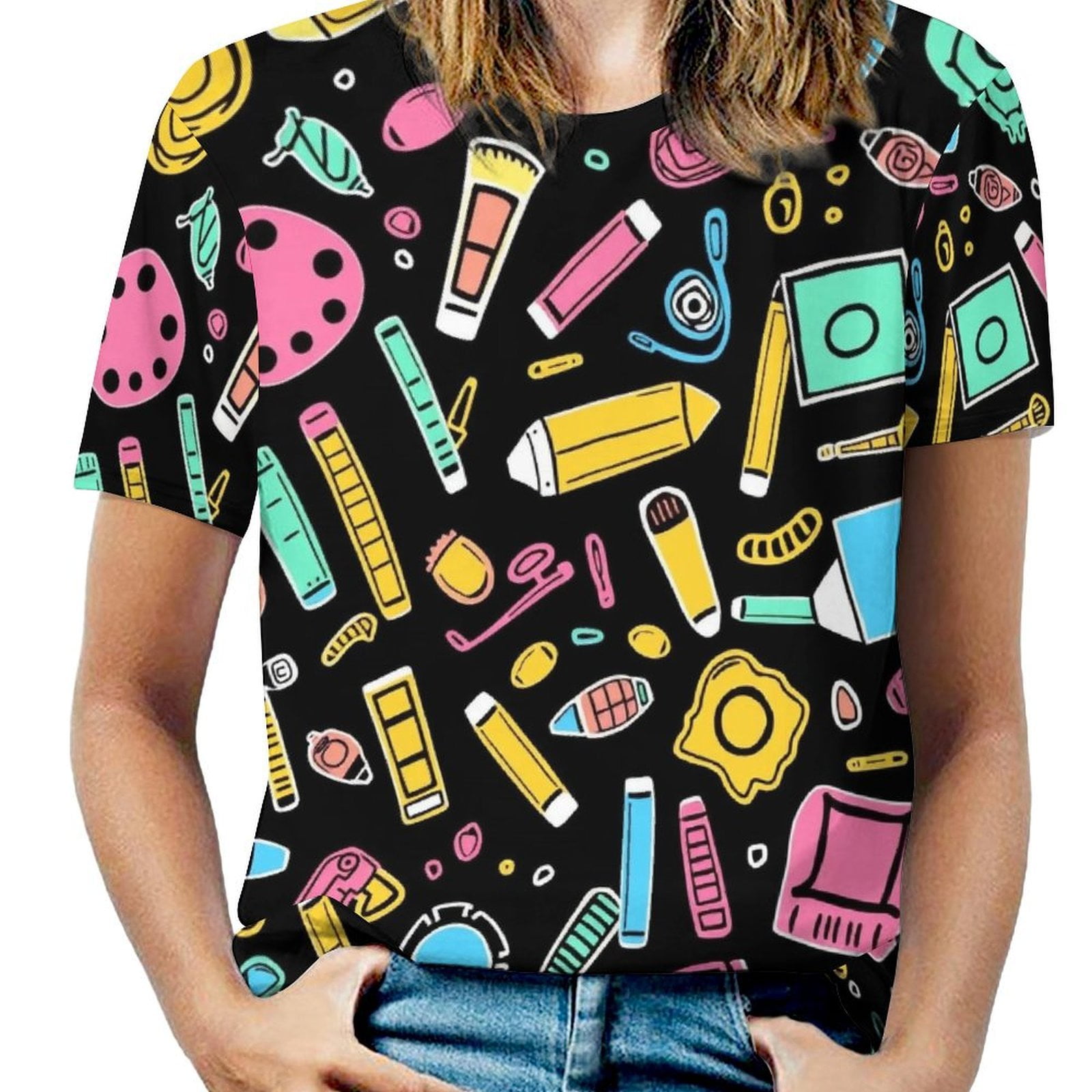 Colorful Doodle Pattern T Shirts Streetwear T-Shirt Female Short Sleeve ...