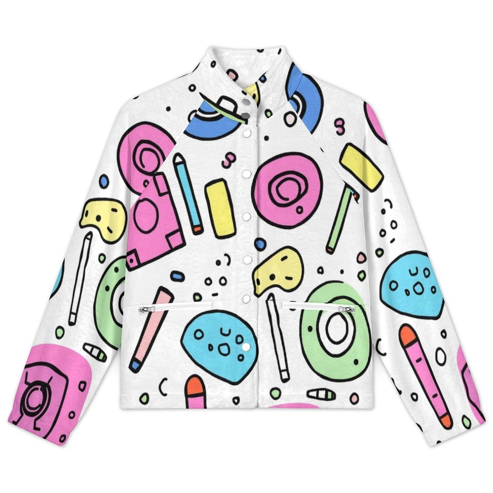 Colorful Doodle Pattern Warm Women's Plush Jacket Stand Collar Full ...